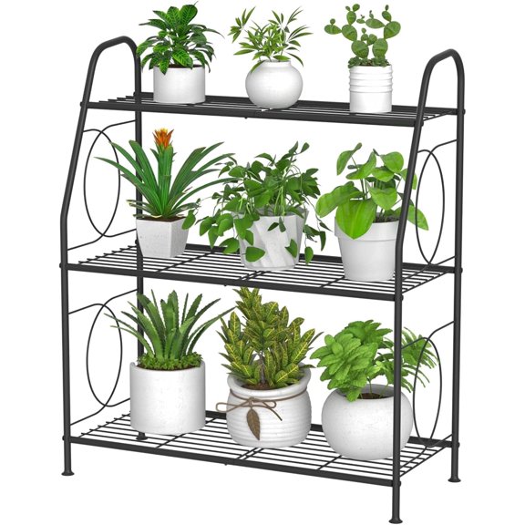 3 Tier Folding Plant Stand Indoor Outdoor with Plastic Tray, Tiered ...