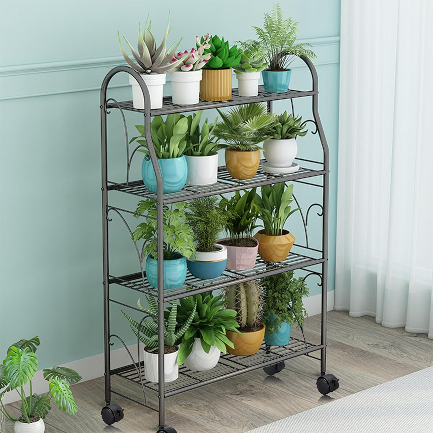 Plant Stand, 4 Tier Moveable Plant Shelf for Indoor Outdoor, Gray Heavy ...