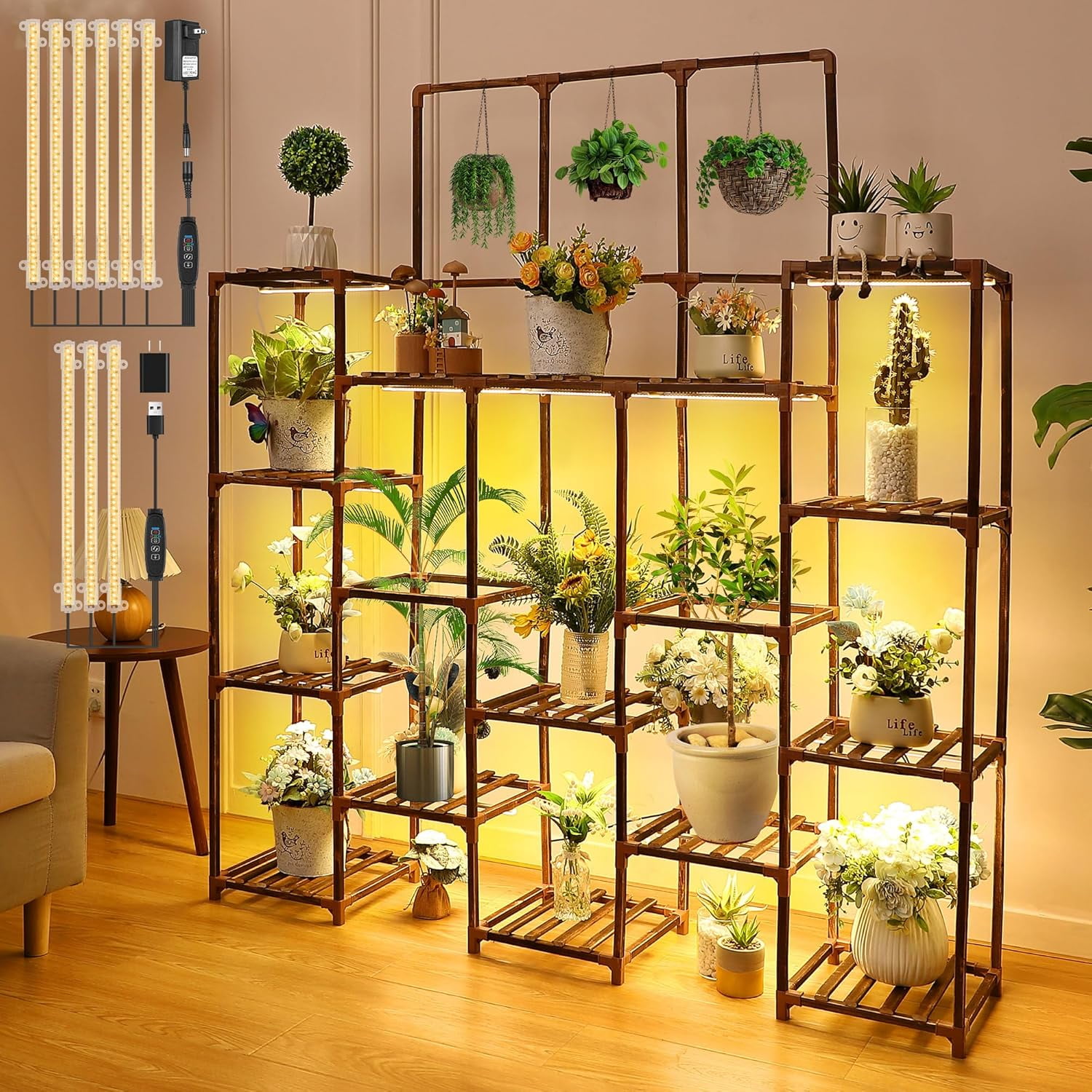 Plant Stand with Grow Lights, 6 Tier 15 Potted Wood Plant Shelf with ...