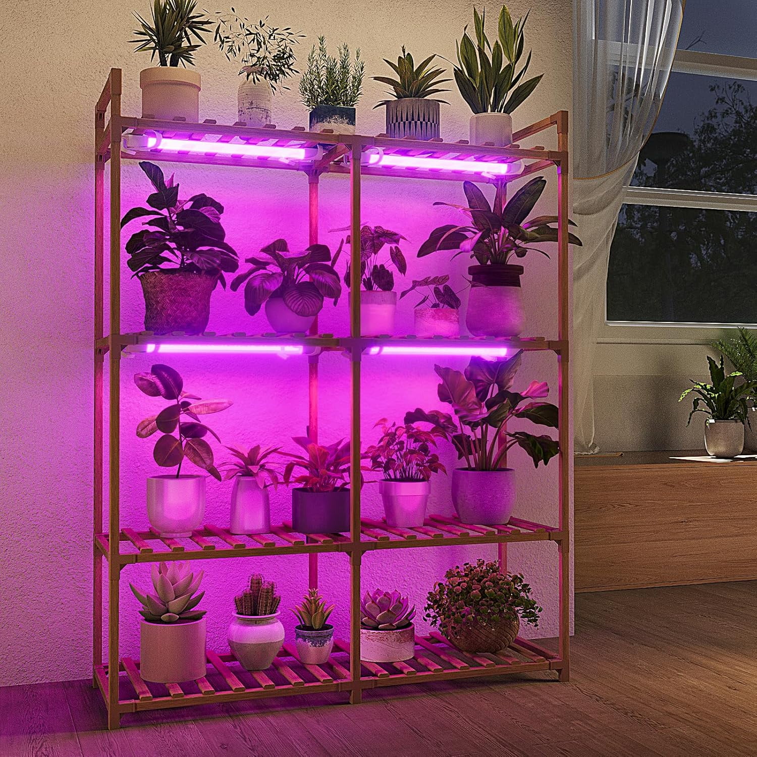 Plant Stand with Grow Lights for Indoor Plants Wood Plant Shelf 4 Tier ...