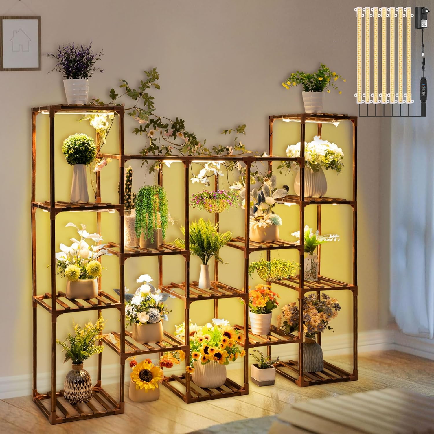 Plant Stand with Grow Lights, Wood Plant Shelf with Full Spectrum Grow ...