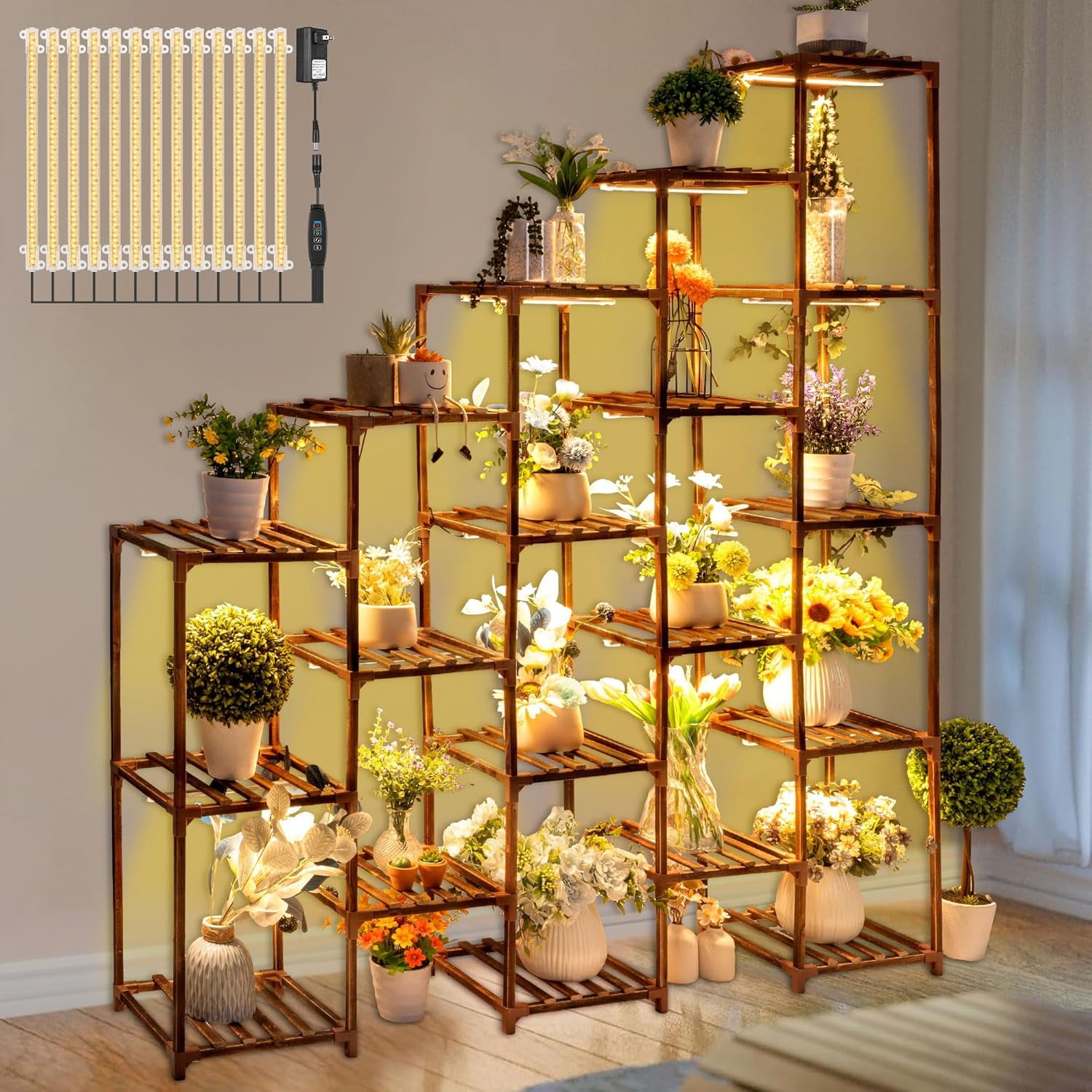 Plant Stand with Grow Lights, Wood Plant Shelf with Full Spectrum Grow ...