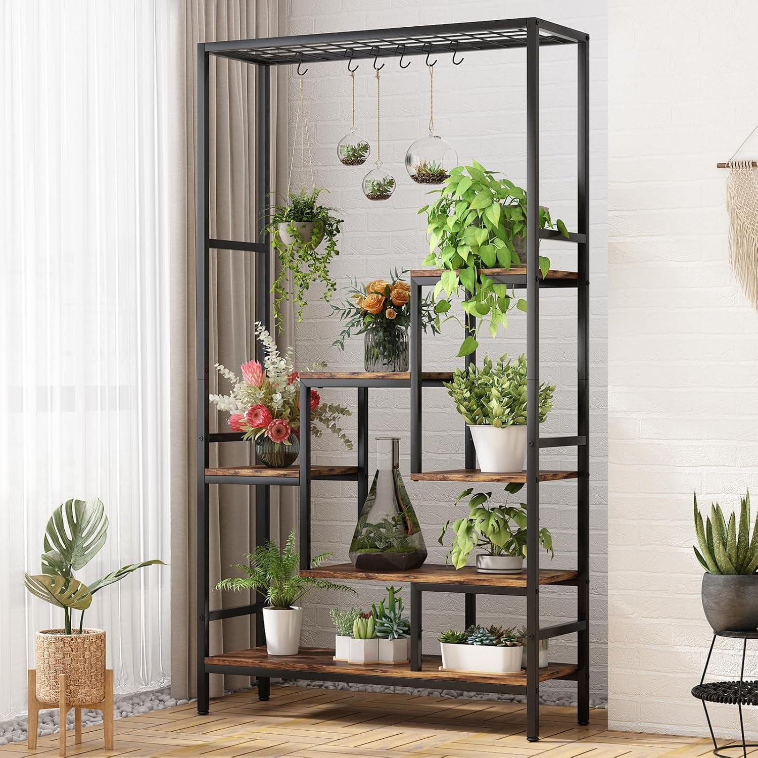 Plant Stand Indoor Corner Tall 5 Tier 69.3" Metal Plant Shelf Holder with Hanging Hooks,Large ...