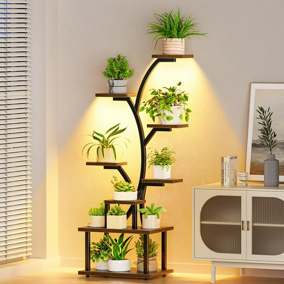 HRYGD Plant Stand Indoor with Grow Lights 4 Tier 48.2" Metal Wood ...