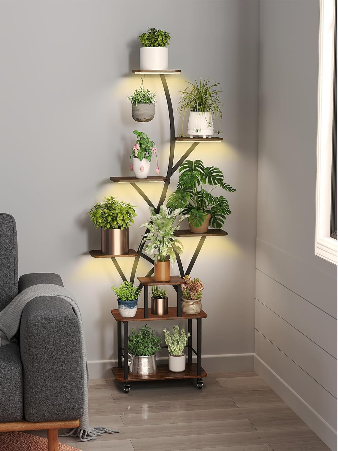 Plant Stand Indoor with Grow Lights, 8 Tiered Metal Wood Plant Shelf ...