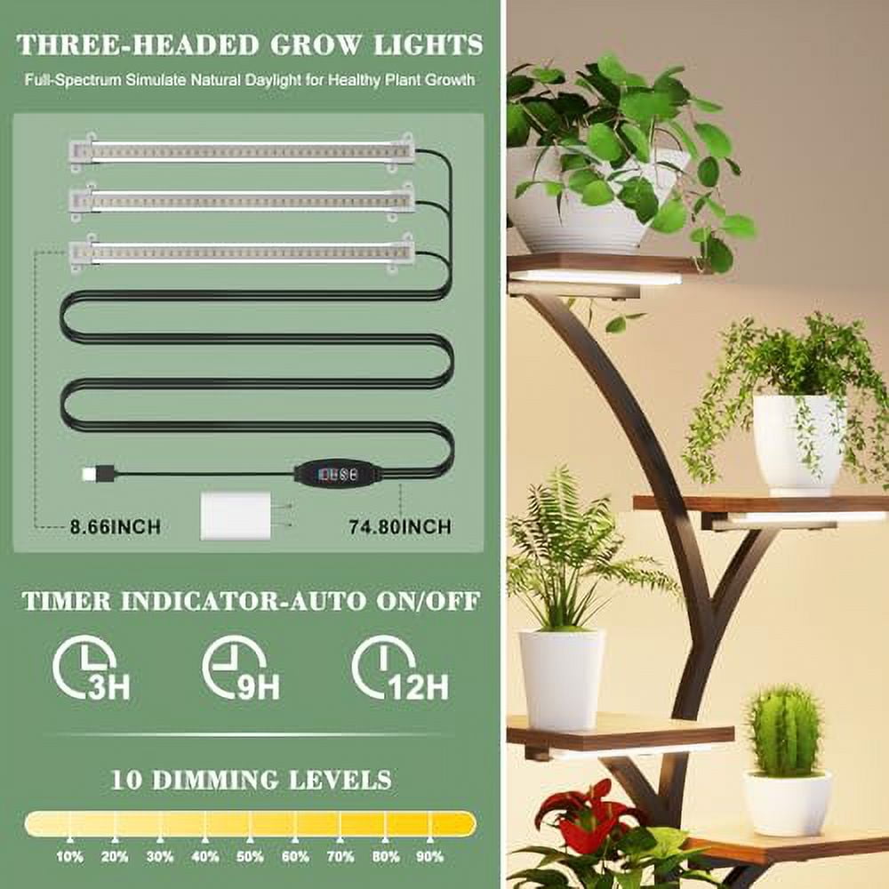 Plant Stand Indoor with Grow Lights, 9 Tiered Movable Plant Shelf with ...