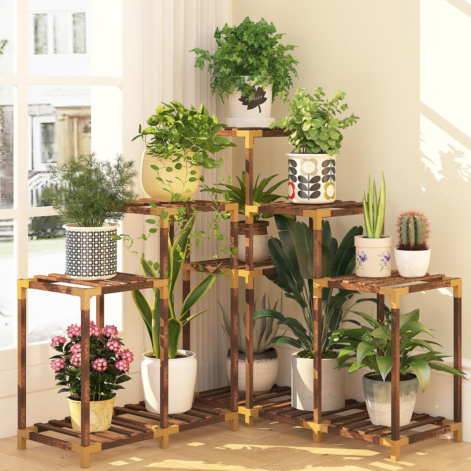 Plant Stand Indoor Outdoor, 11 Tier Corner Shelf Wood Rack Organizer ...