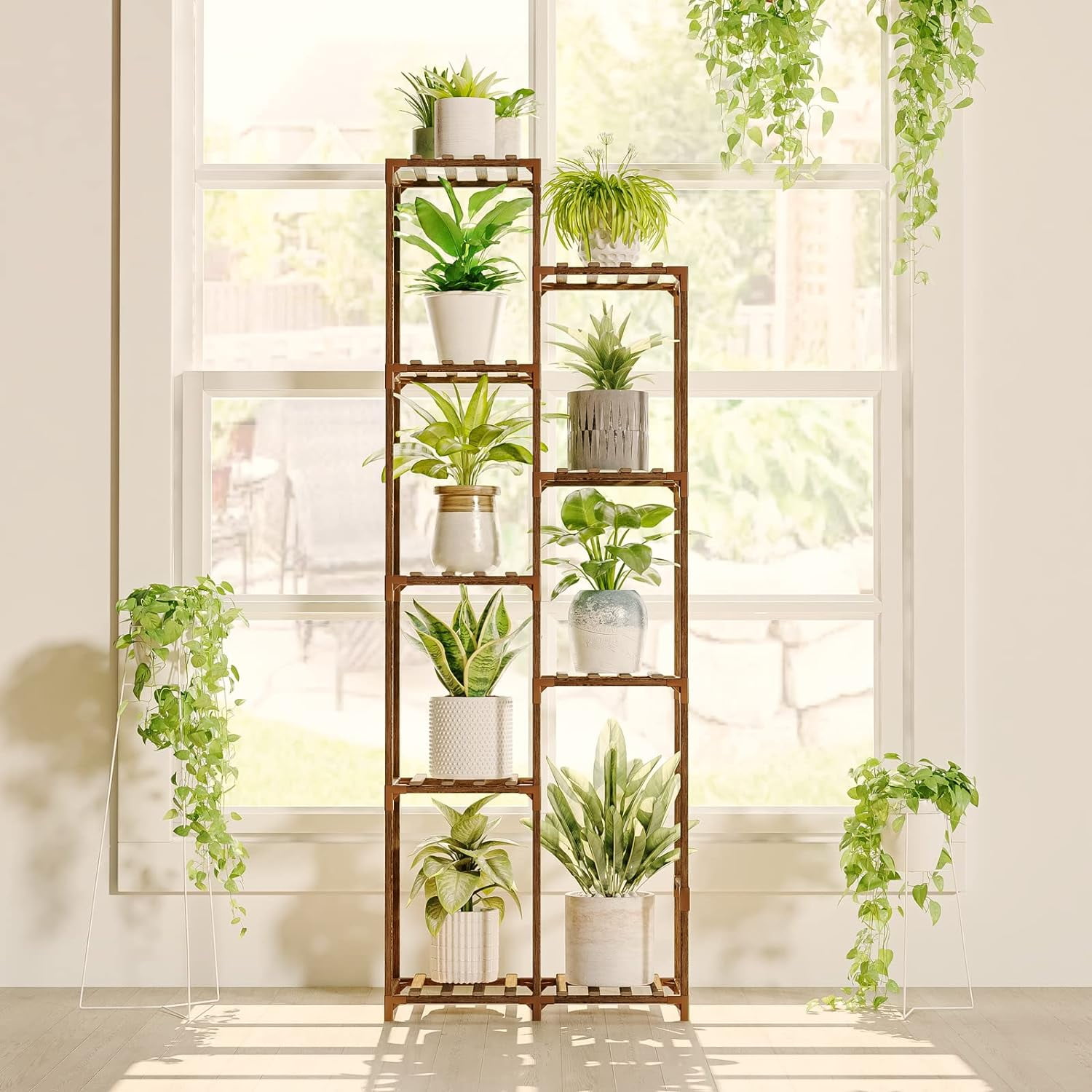 Plant Stand Indoor Plant Shelf Outdoor Wood Plant Rack for Multiple Plants 3 Tiers Ladder Plant ...