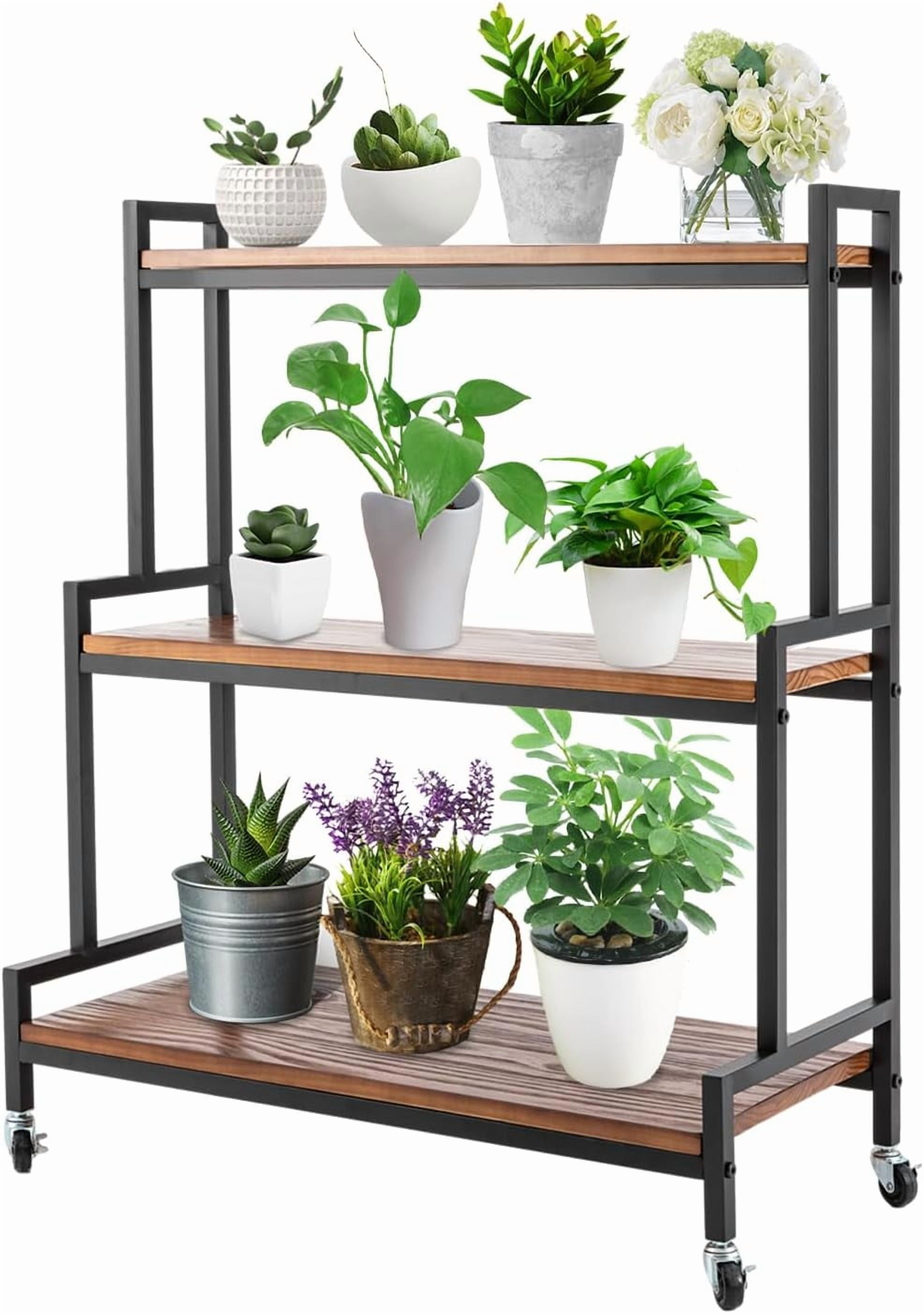 Plant Stand with Wheels, Brown Rolling Plant Shelves Rack Indoor ...