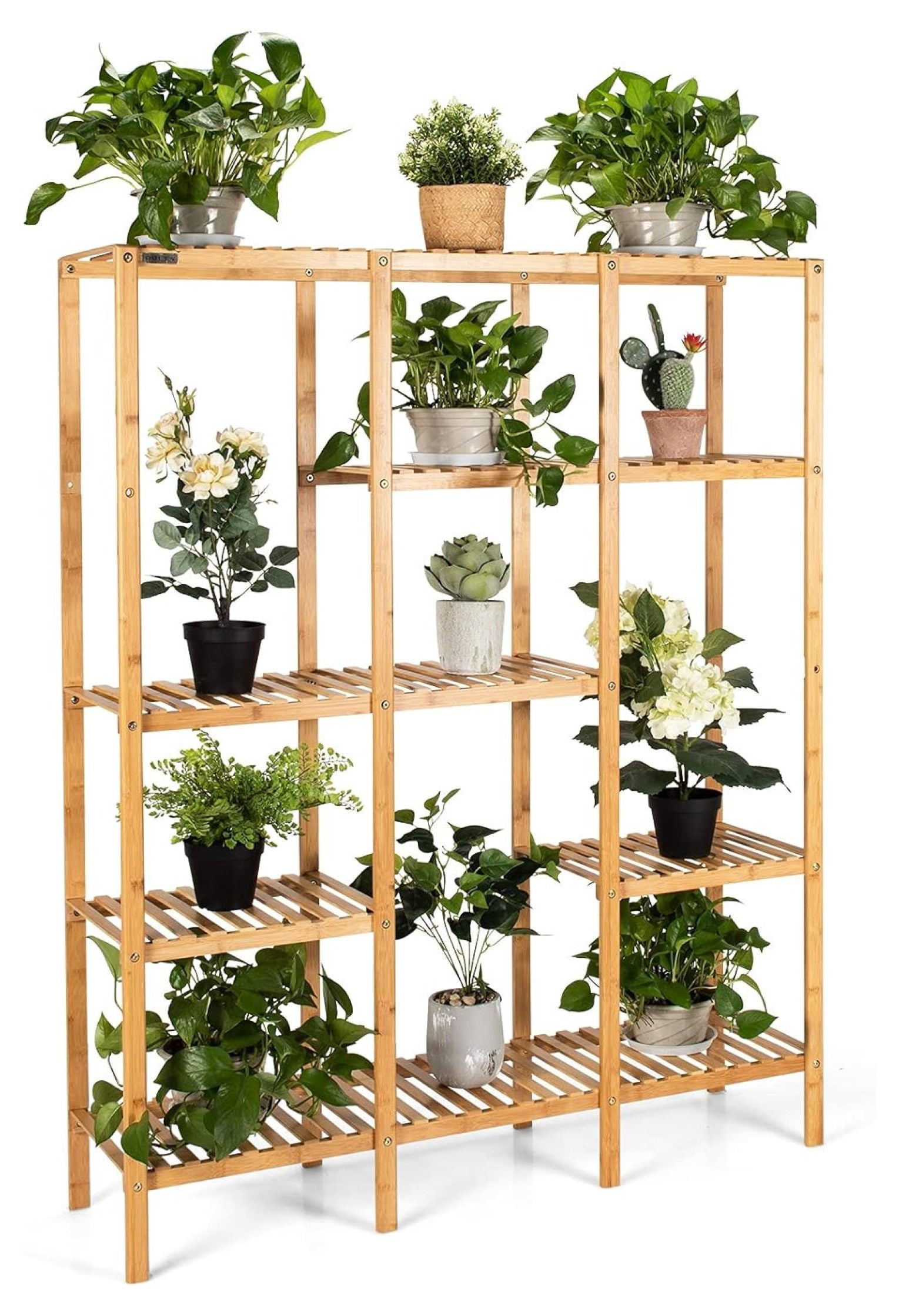 Plant Stand indoor, Bamboo Utility Shelf with Storage Organizer Pots ...