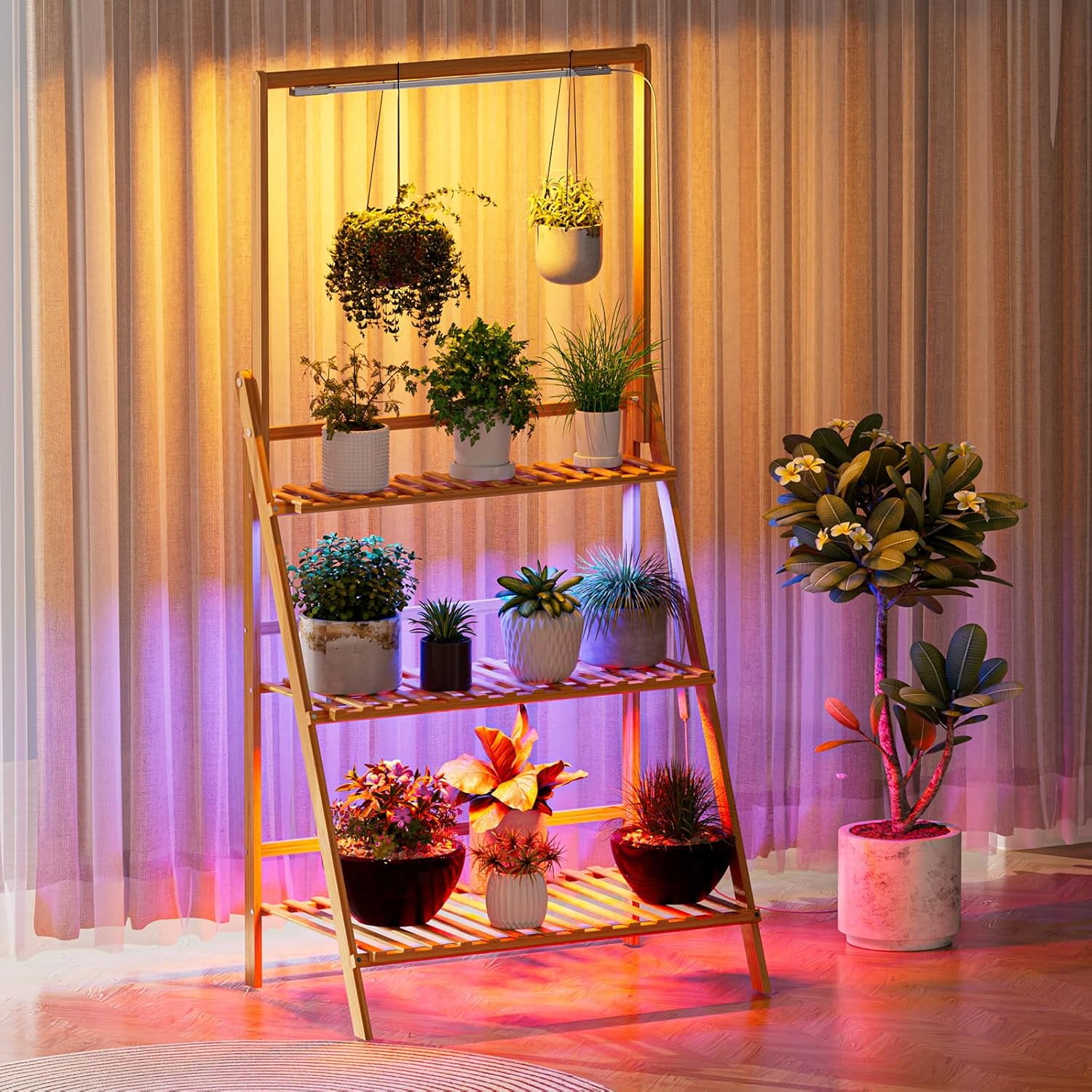 Plant Stand with Grow Light, 3-Tier Bamboo Hanging Shelf for Indoor ...