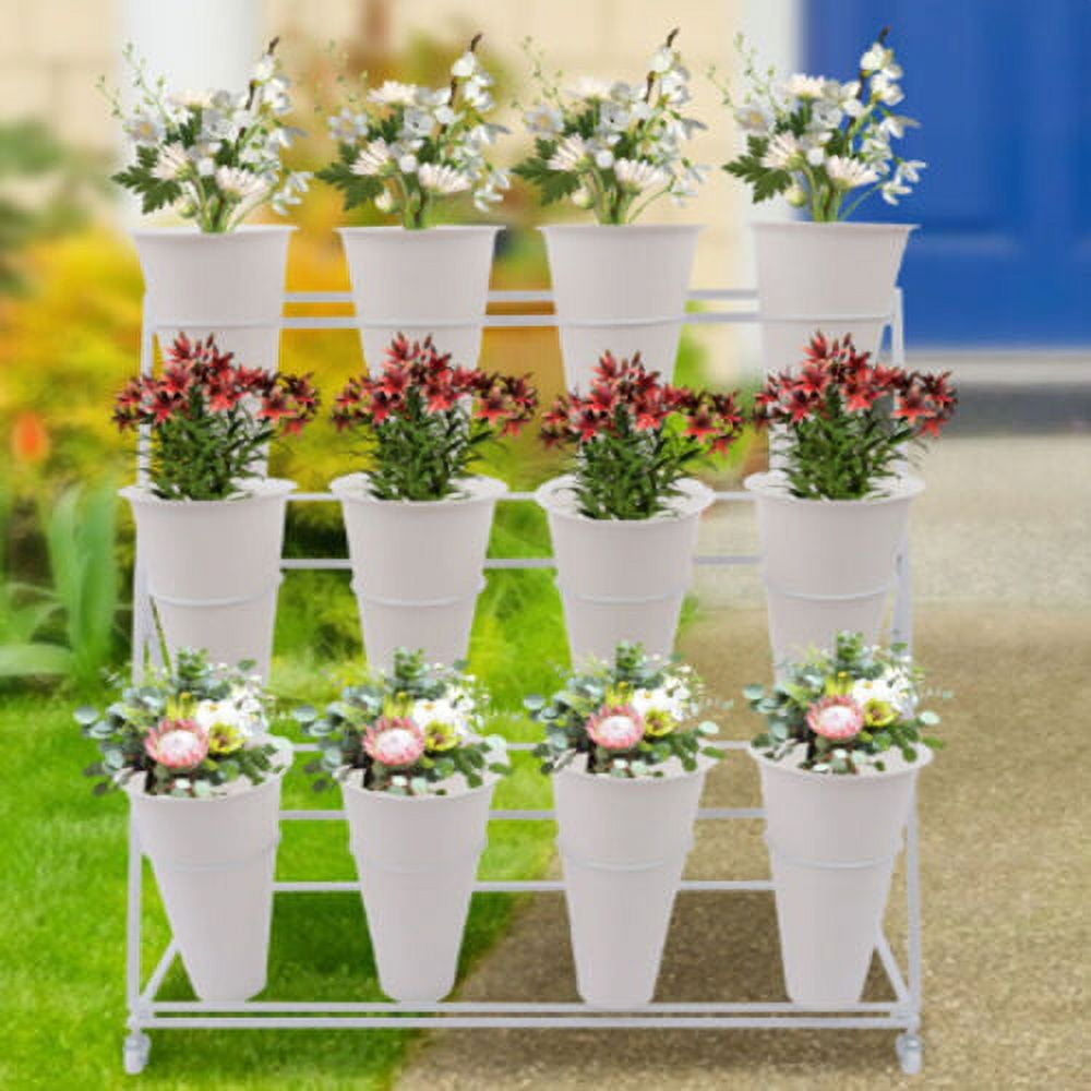 3-Tier Plant Stand, White Metal Shelf with 12 Buckets and Wheels ...