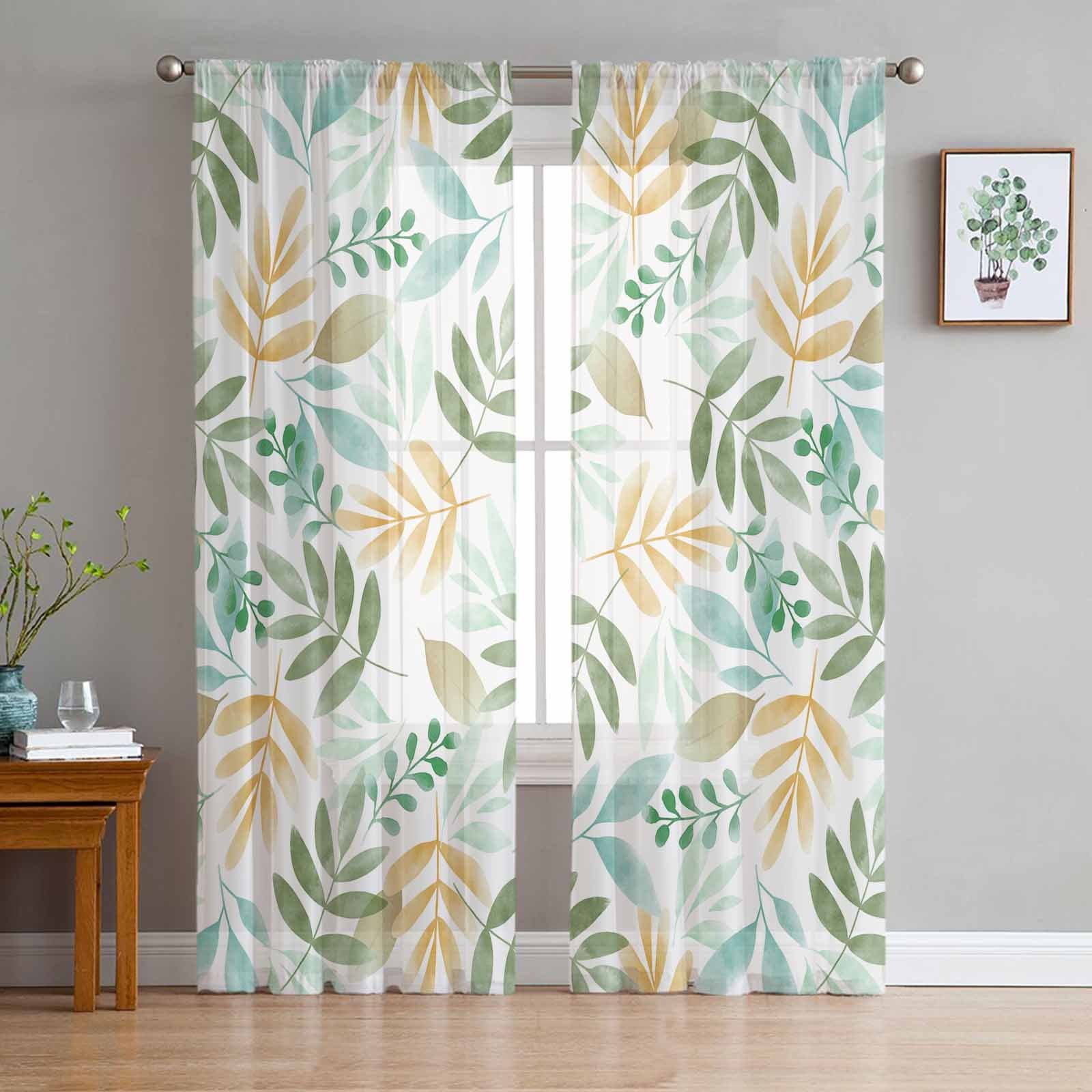 Plant Tea Green Forest Green Leaves Watercolor Rural Sheer Curtains for ...