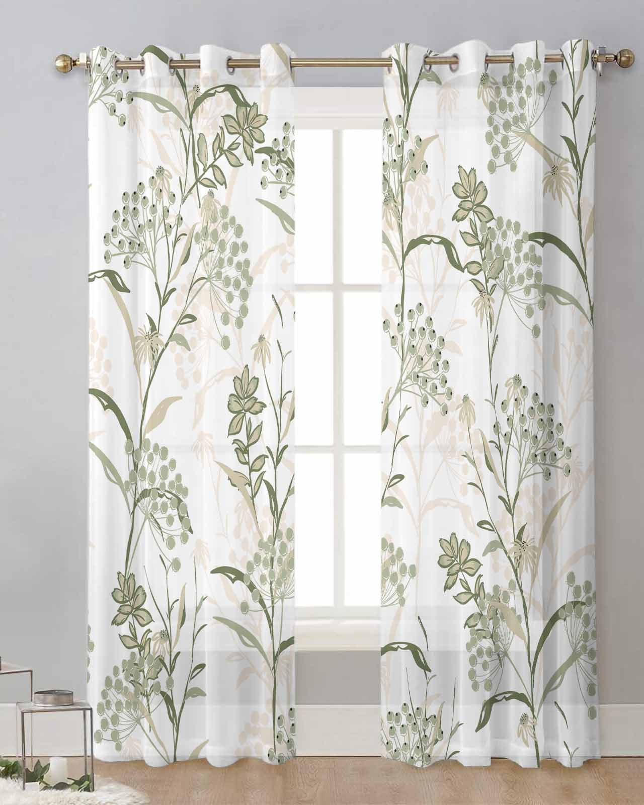 Plant Texture Fruit Sage Green Modern Tulle Curtains Voile Drapes Sheer ...