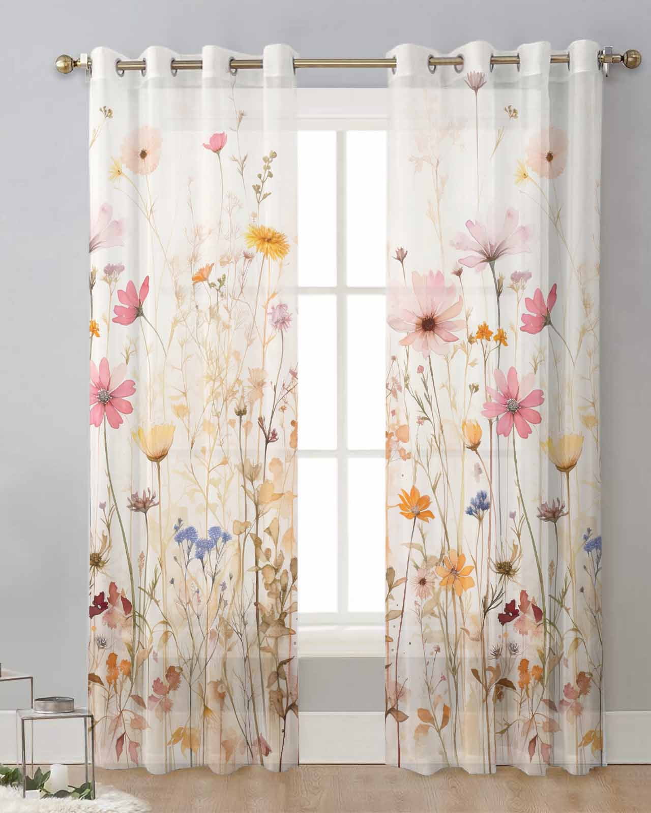 Plant Watercolor Flowers Sheer Curtains For Living Room Window ...