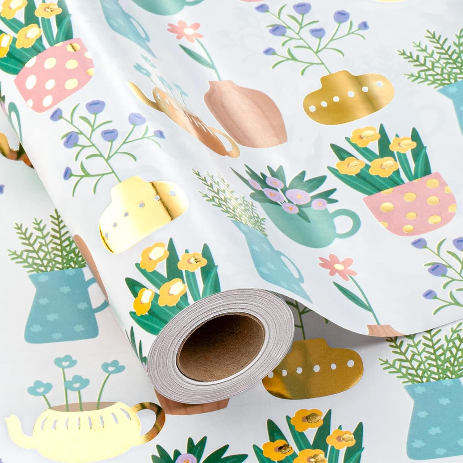 Plant Wrapping Paper - Mini Roll -17in x 32.8ft,Metallic Gold Foil ...
