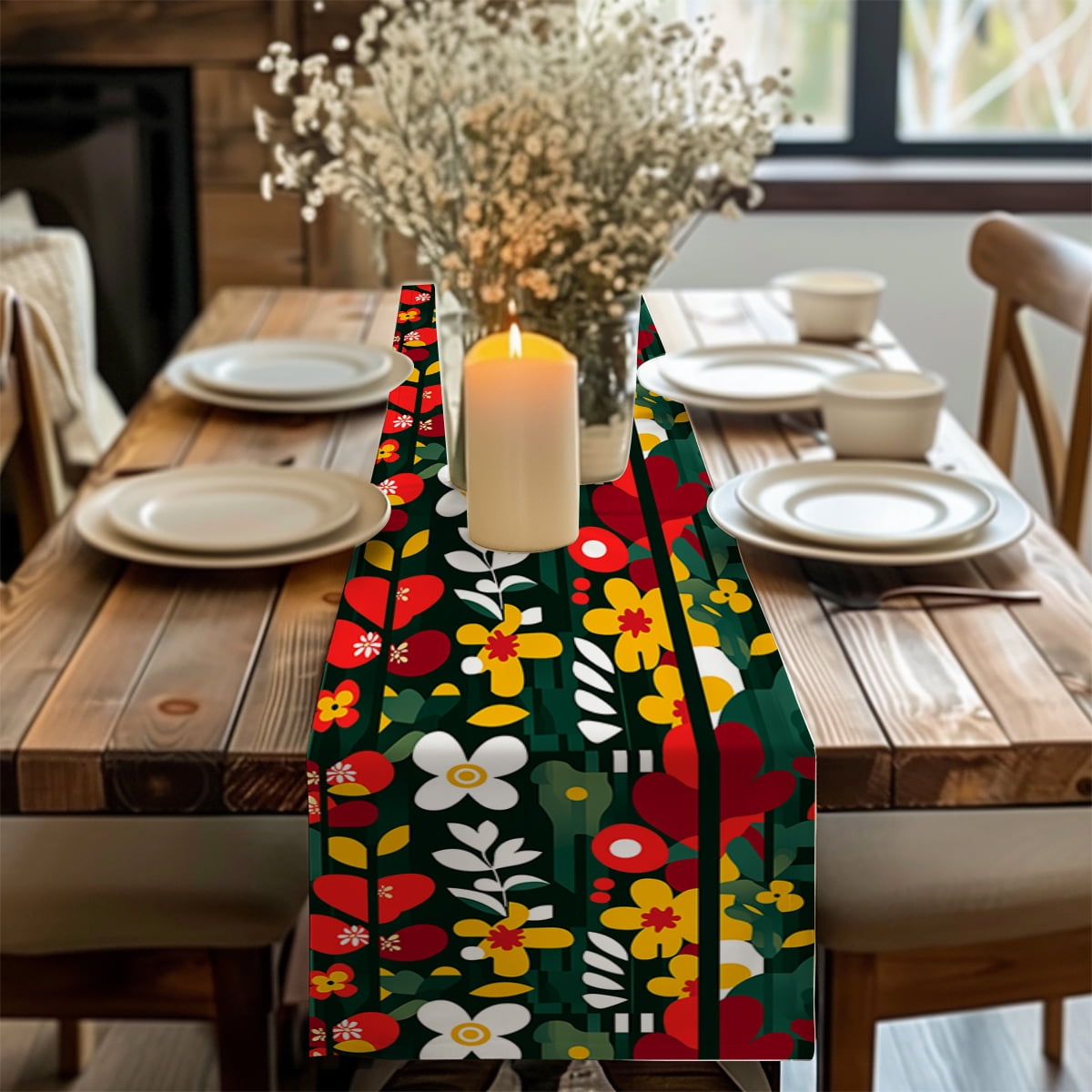 Plant and Flower Geometry Table Runner Farmhouse Dining Table Runners ...