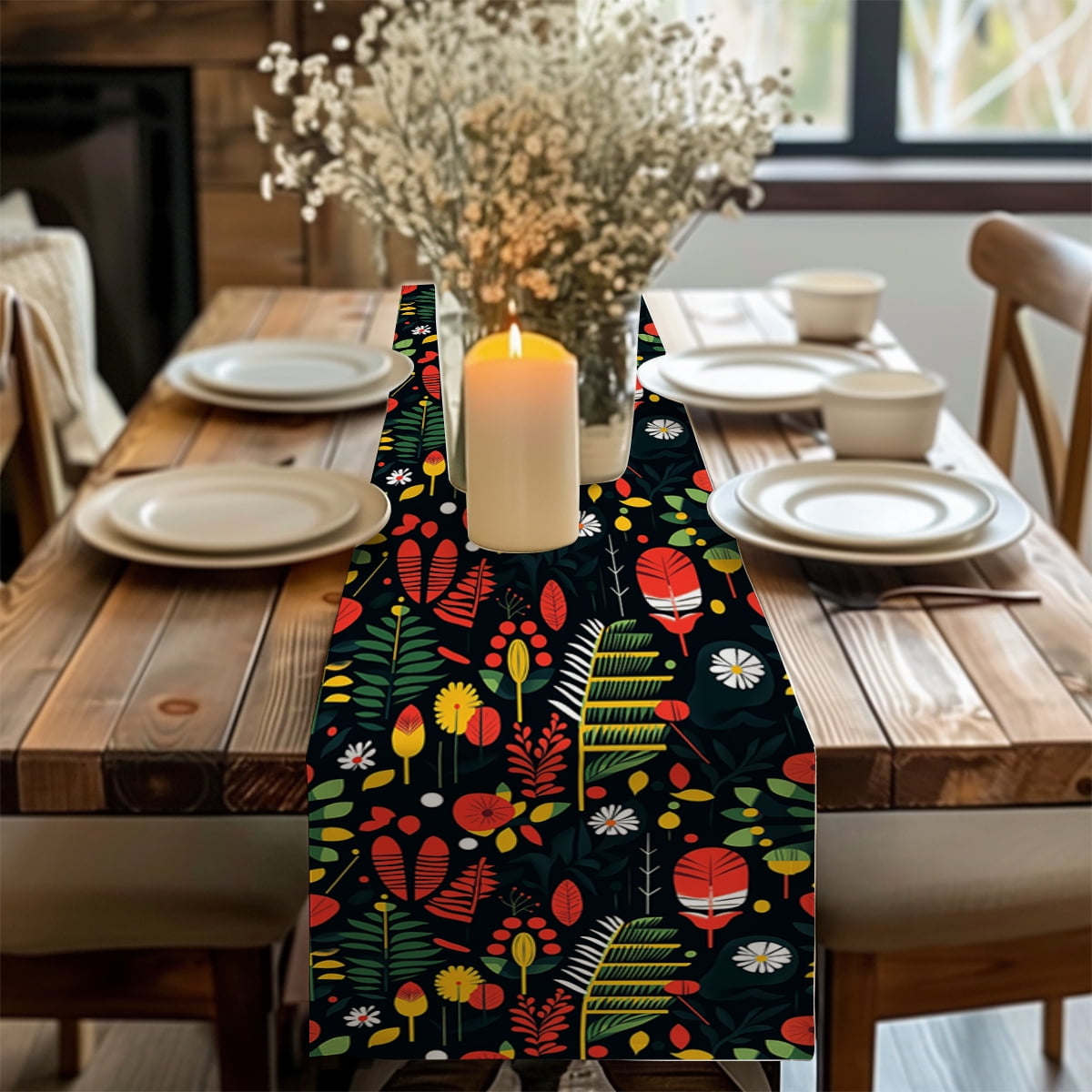 Plant and Flower Geometry Table Runner Farmhouse Dining Table Runners ...