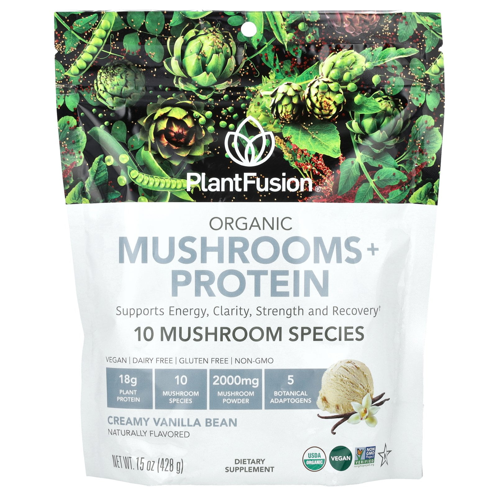 PlantFusion Organic Mushrooms + Protein, Creamy Vanilla Bean, 15 oz ...