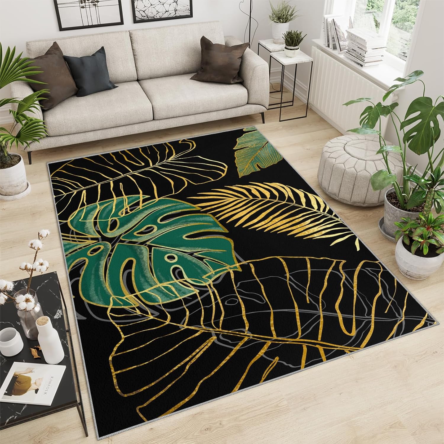 Plantain Palm Leaves Area Rugs, Black And Gold Tropical Rainforest ...