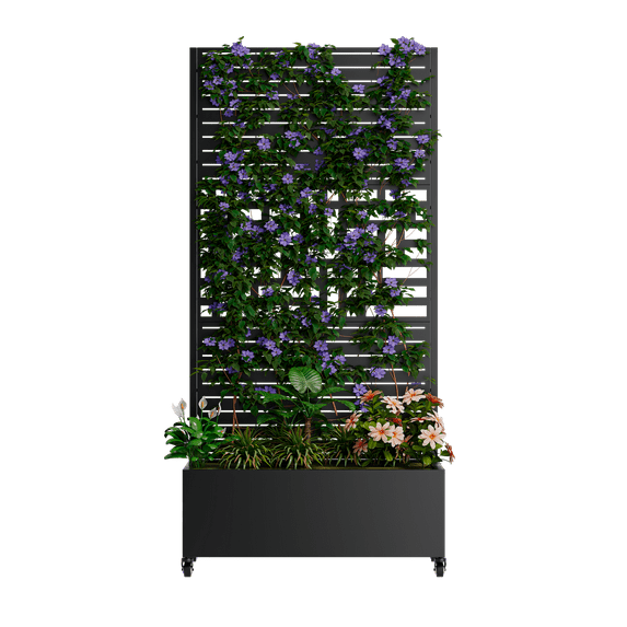 Planter Box with Trellis, Metal Raised Garden Bed with 4 Wheels Trellis ...