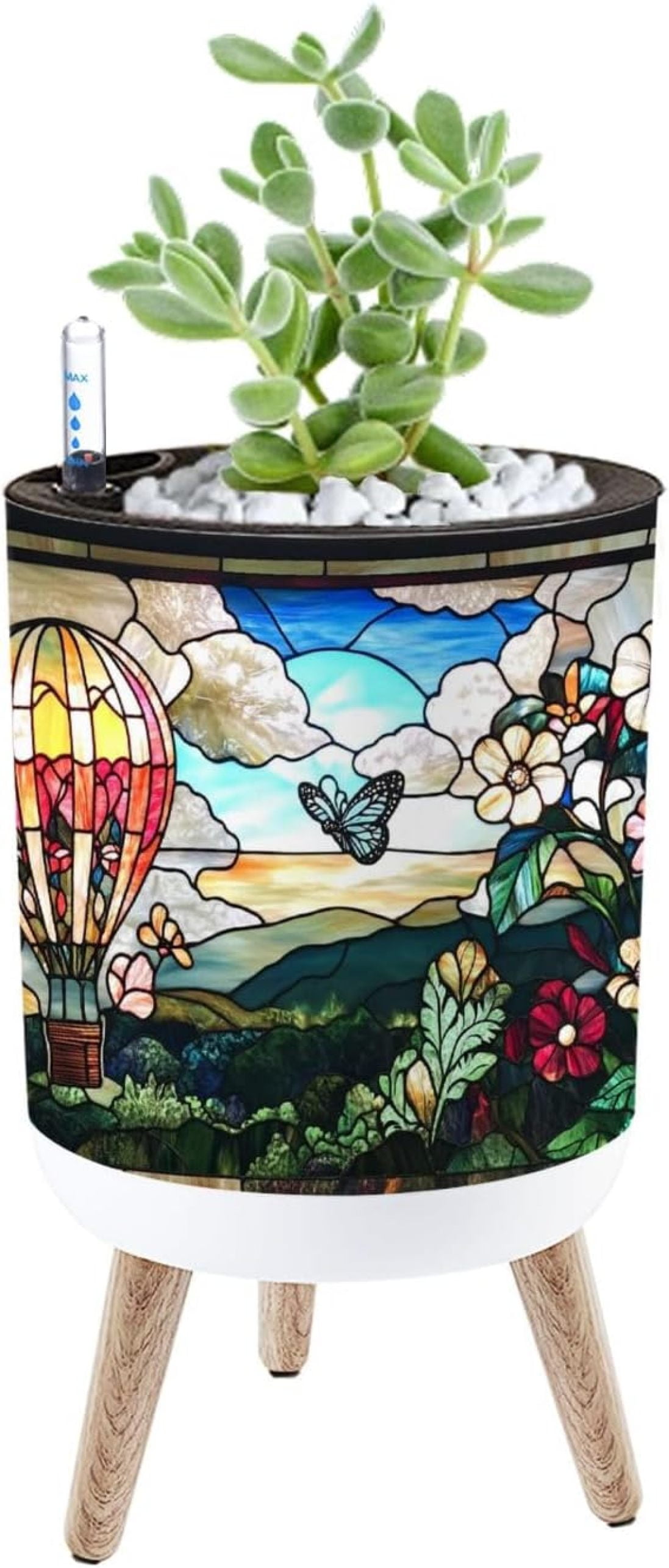 Planter with Stand Hot Air Balloon Landscape Flowers Stained Glass ...
