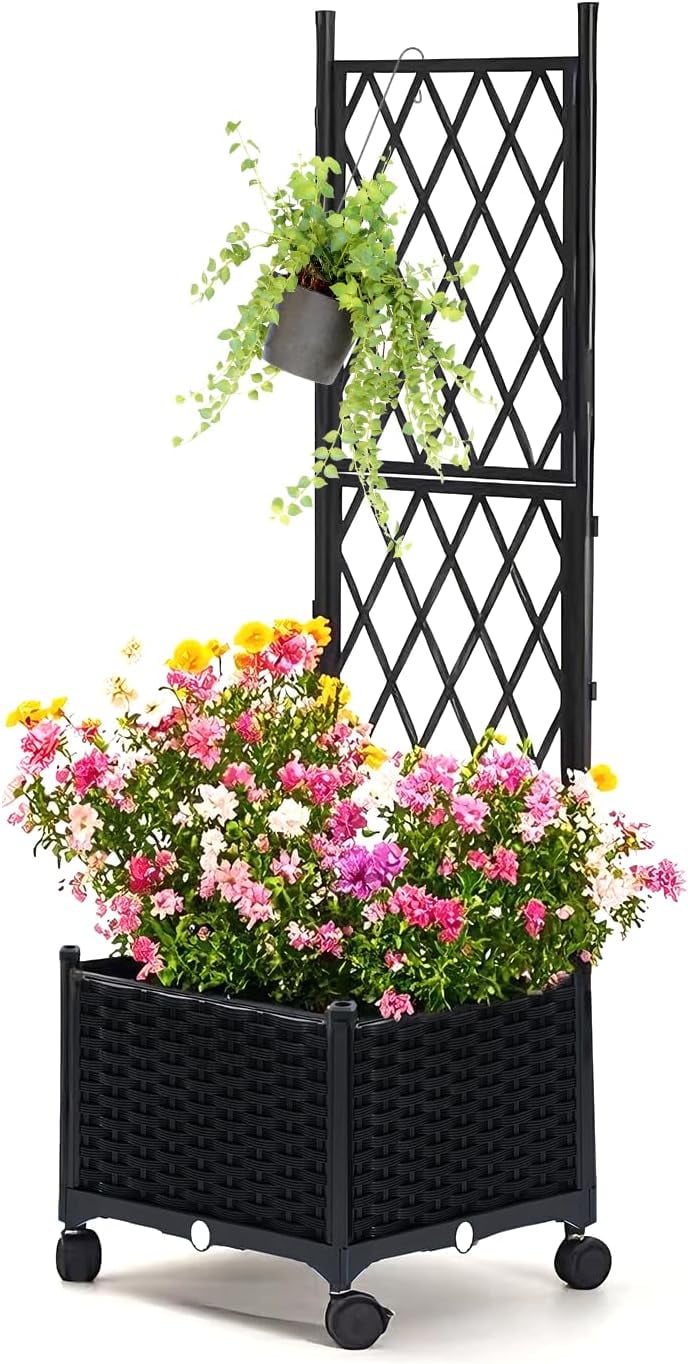 Planter with Trellis, 4ft Tall Trellis Planter Box with Lockable Wheels ...