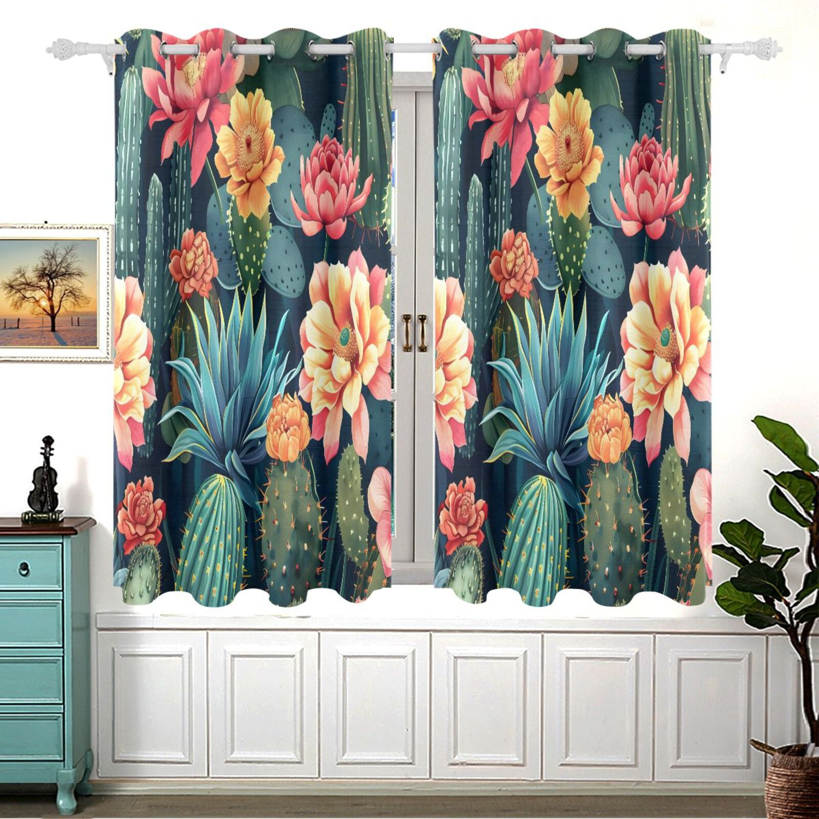 Plants Flowers Cactus Black Out Curtains Aesthetic for Bedroom Living ...