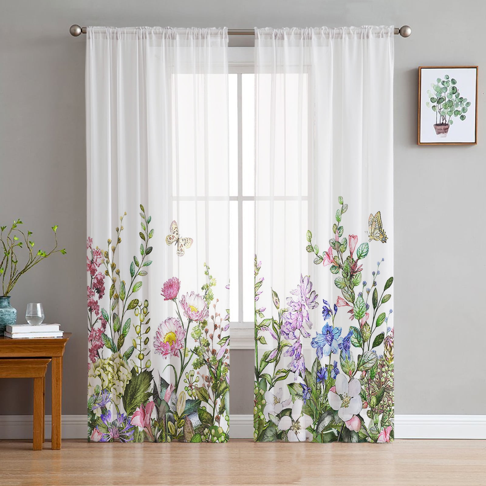 Plants Flowers Leaves Chiffon Sheer Curtains for Living Room Bedroom ...