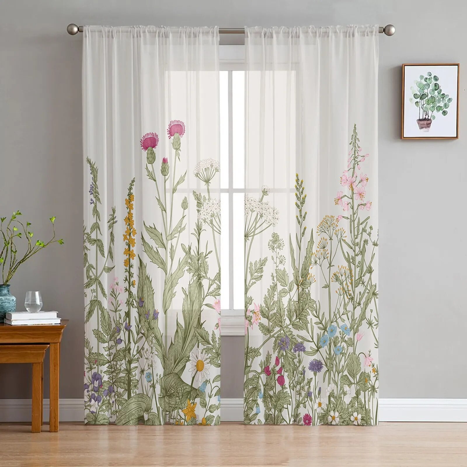 Plants Flowers Leaves Tulle Sheer Curtains for Living Room Decoration ...