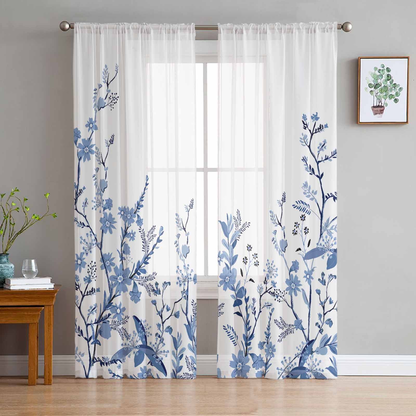 Plants Flowers Watercolor Tulle Curtains for Living Room Sheer Curtain ...