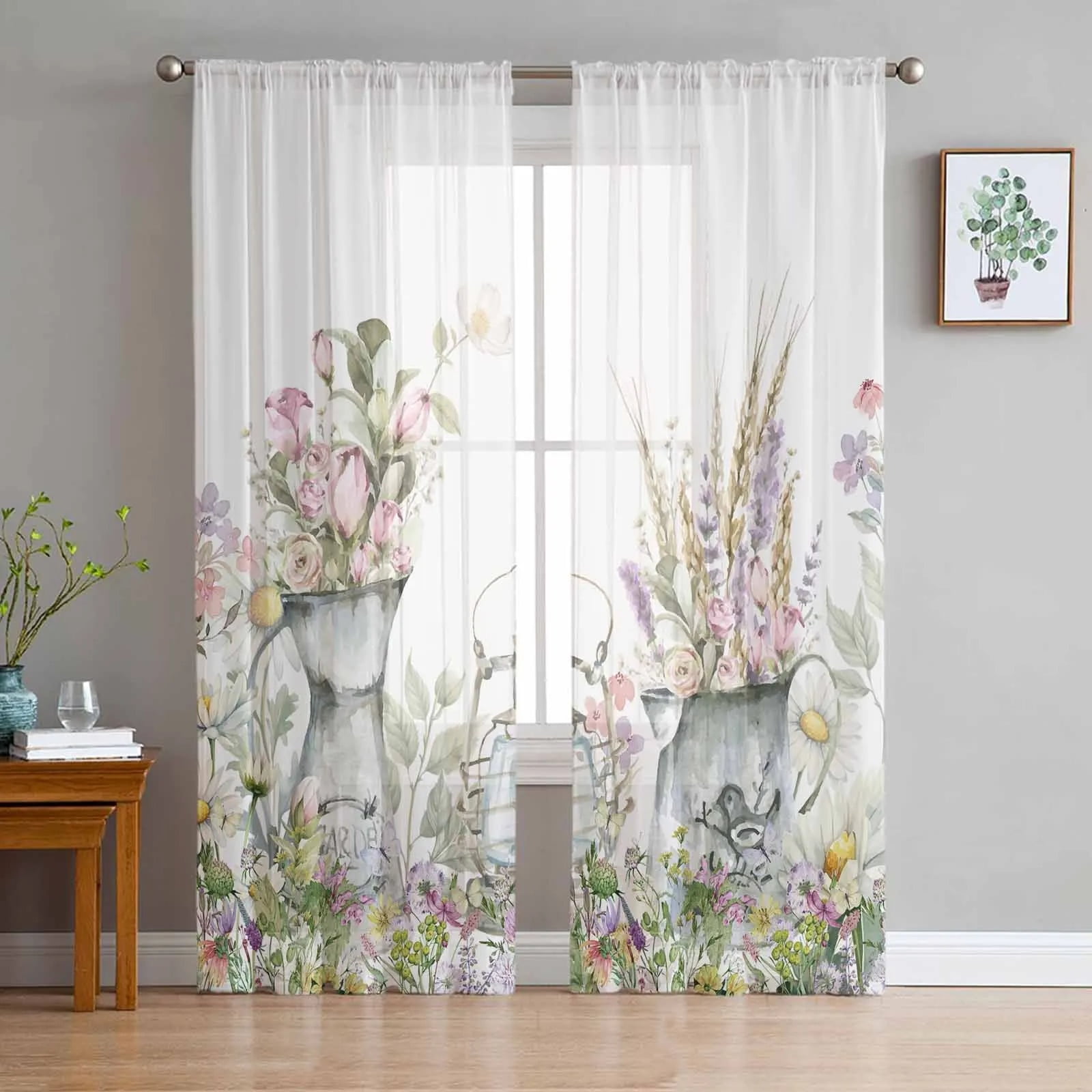 Plants Flowers Watercolor Vase Tulle Curtains for Living Room Bedroom ...