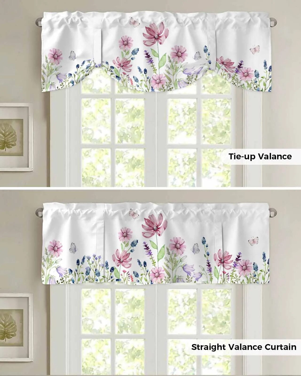 Plants Flowers Watercolor Window Curtain Living Room Kitchen Cabinet Tie-up Valance Curtain Rod ...