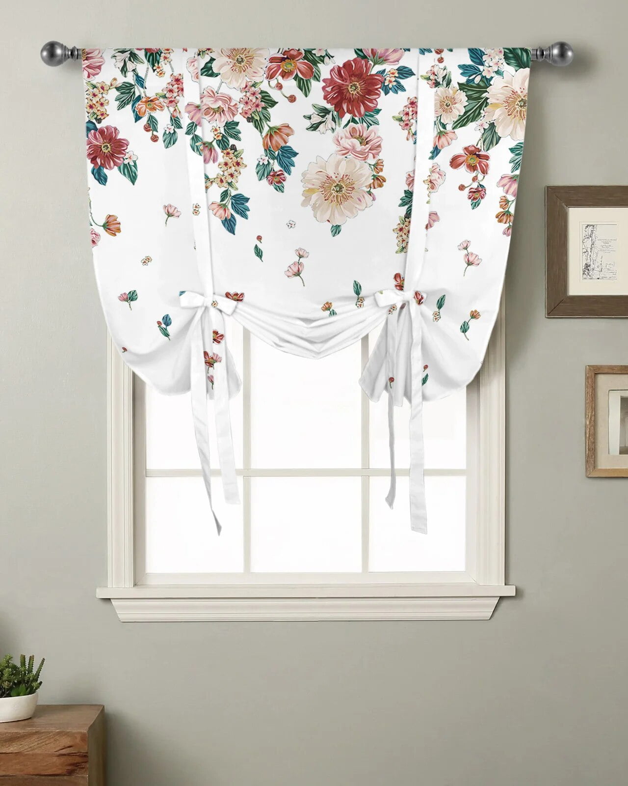 Plants Flowers White Kitchen Short Window Curtain Rod Pocket Curtains ...