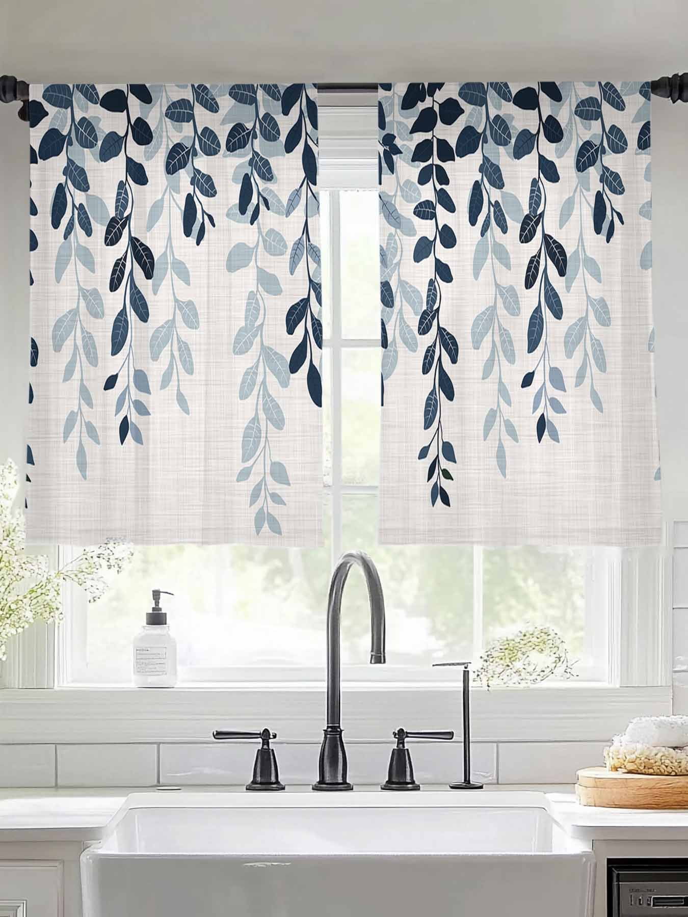 Plants Gradient Sheer Curtains 45 inches Long 2 Panels Set Blue Leaves ...