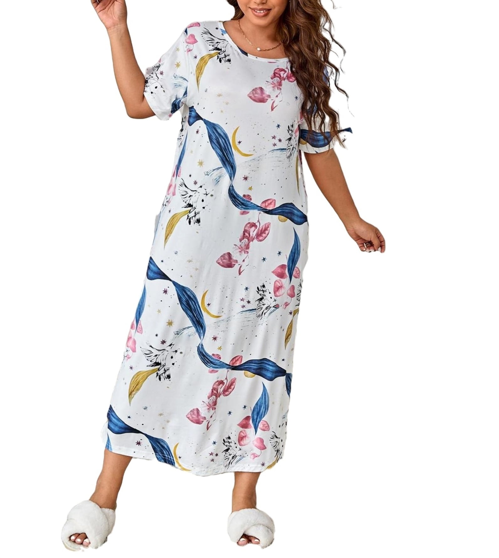 Plants Print Round Neck Sleepshirts Short Sleeve White Plus Size ...