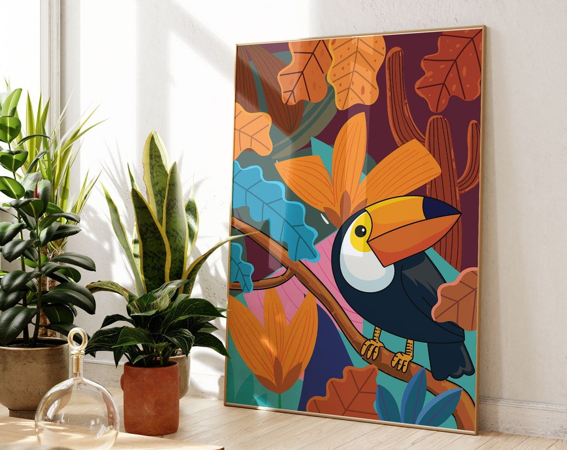 Plants And Toucan Bird Print, Boho Home Decor, Animal Wall Art, Flower ...