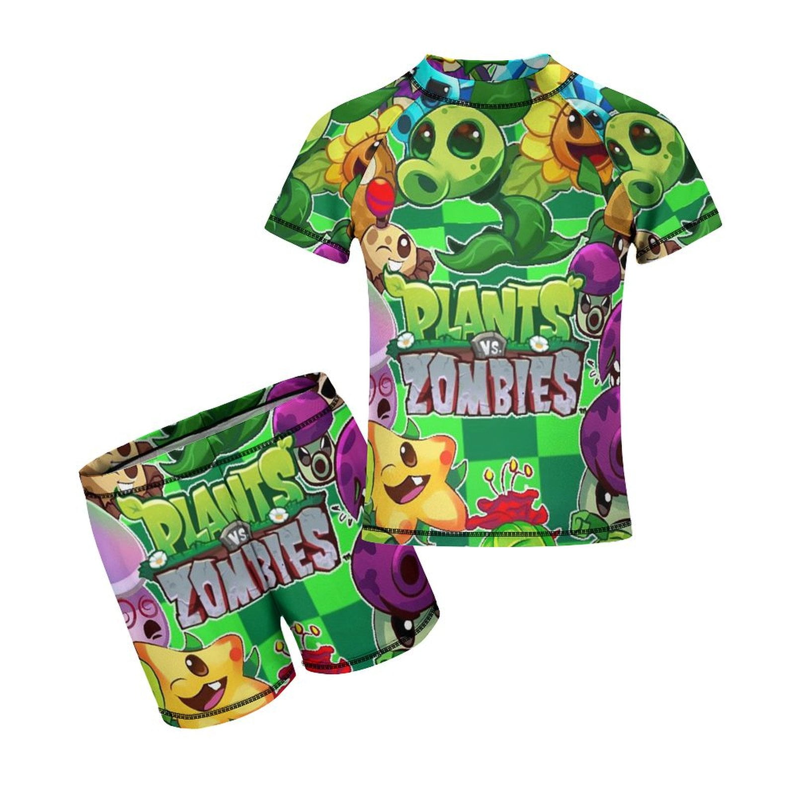 Plants Vs Zombies Boys 2-Piece Swimsuit Set, Short Sleeve Rash Guard ...