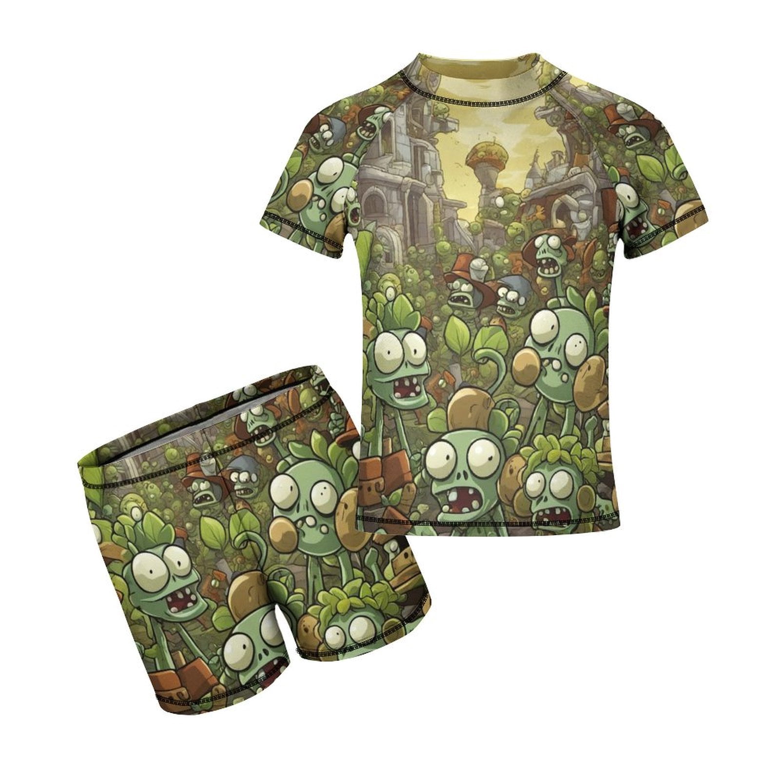 Plants Vs Zombies Boys 2-Piece Swimsuit Set, Short Sleeve Rash Guard ...