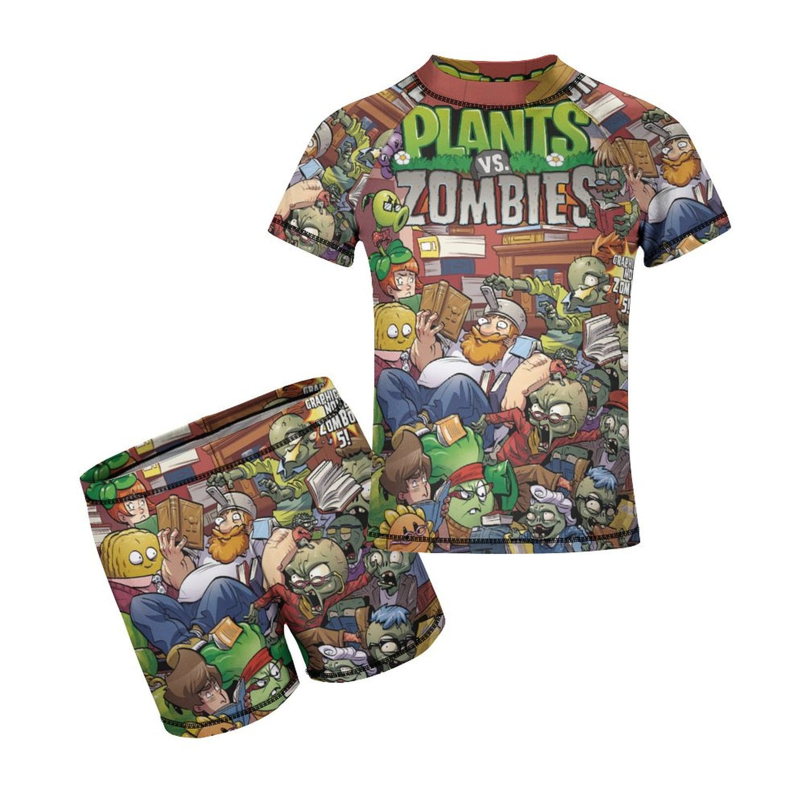 Plants Vs Zombies Boys 2-Piece Swimsuit Set, Short Sleeve Rash Guard ...