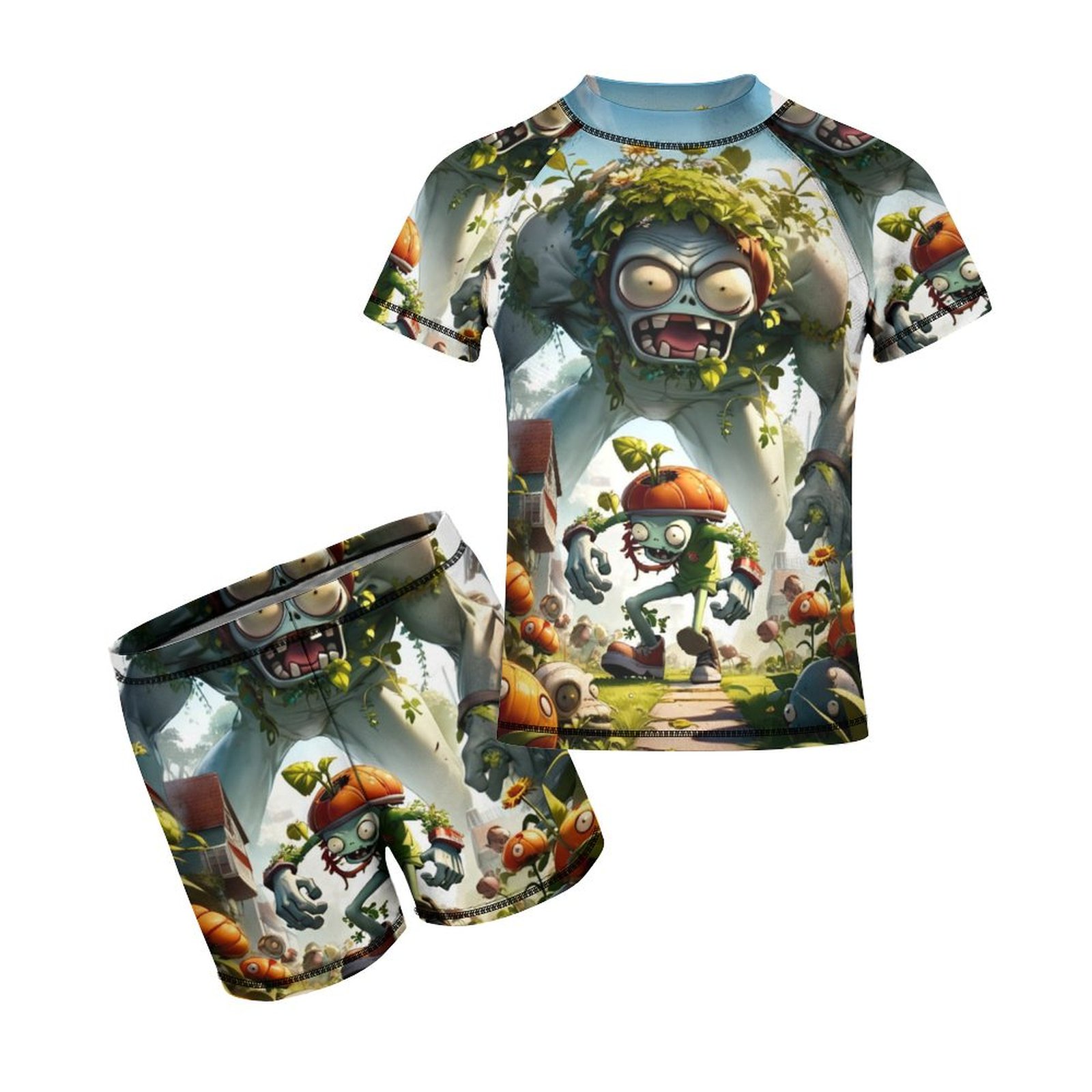 Plants Vs Zombies Boys 2-Piece Swimsuit Set, Short Sleeve Rash Guard ...
