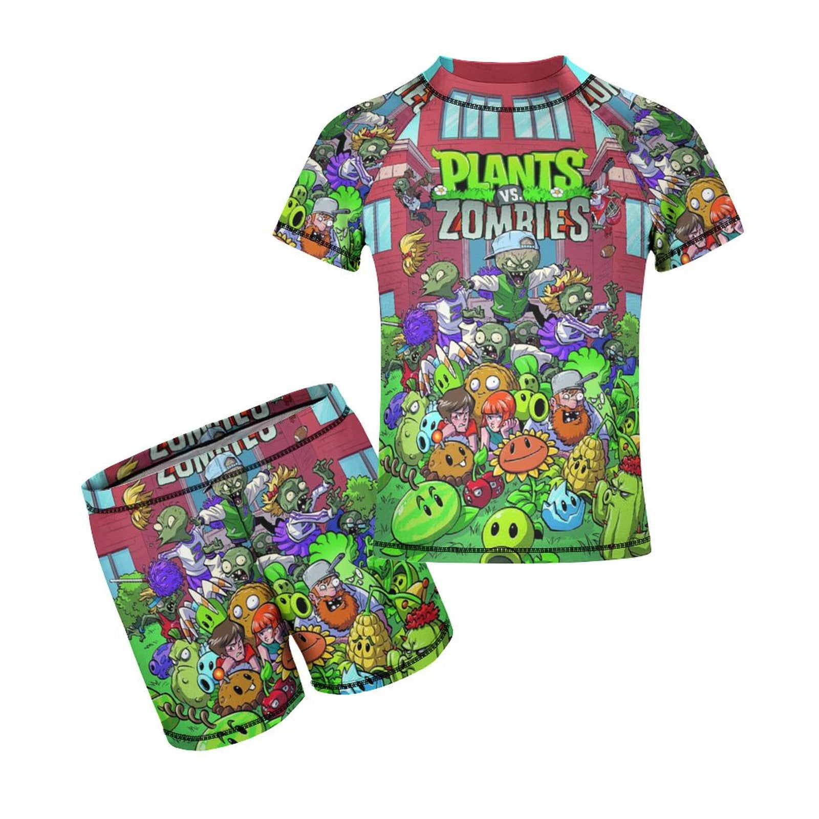 Plants Vs Zombies Boys 2-Piece Swimsuit Set, Short Sleeve Rash Guard ...