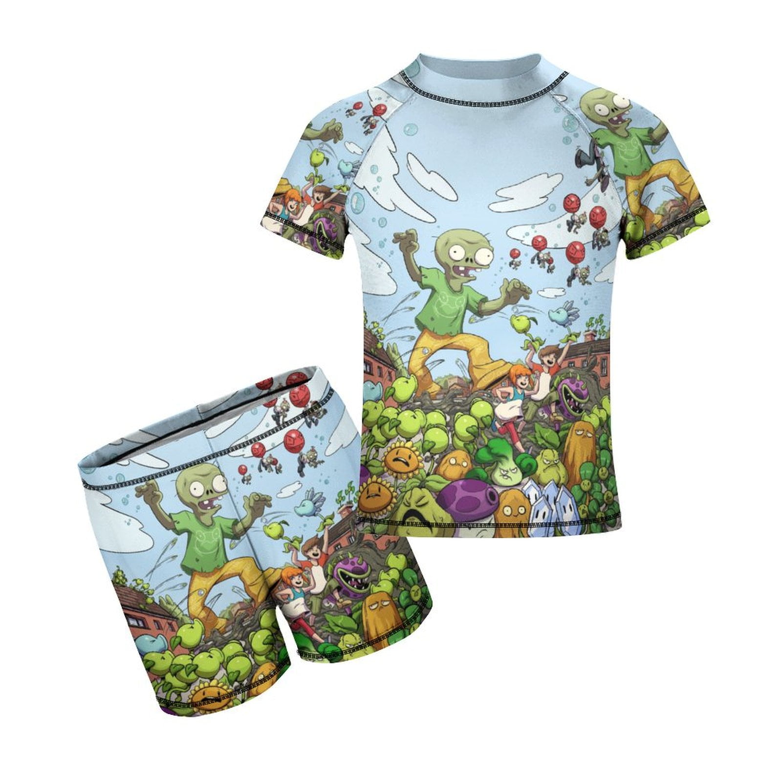 Plants Vs Zombies Boys 2-Piece Swimsuit Set, Short Sleeve Rash Guard ...