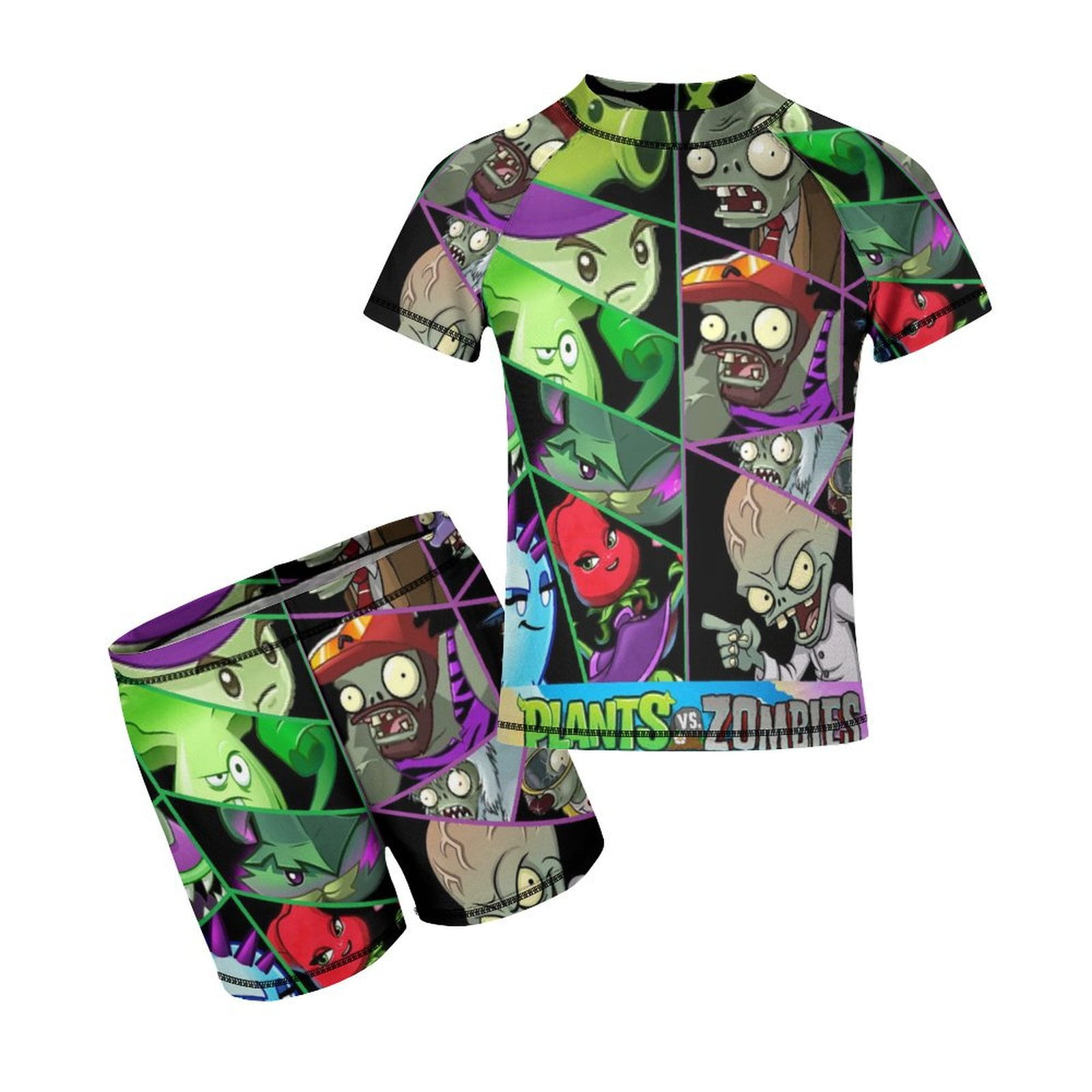 Plants Vs Zombies Boys 2-Piece Swimsuit Set, Short Sleeve Rash Guard ...