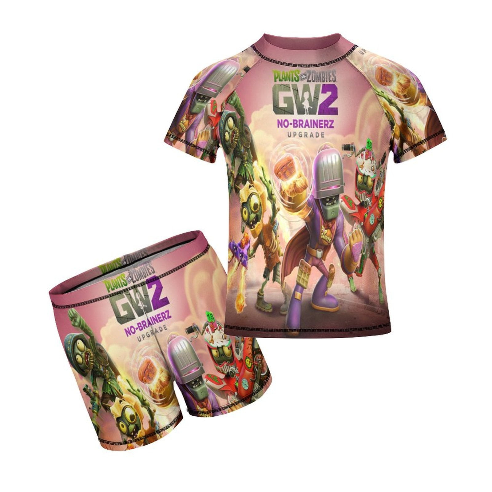 Plants Vs Zombies Boys 2-Piece Swimsuit Set, Short Sleeve Rash Guard ...