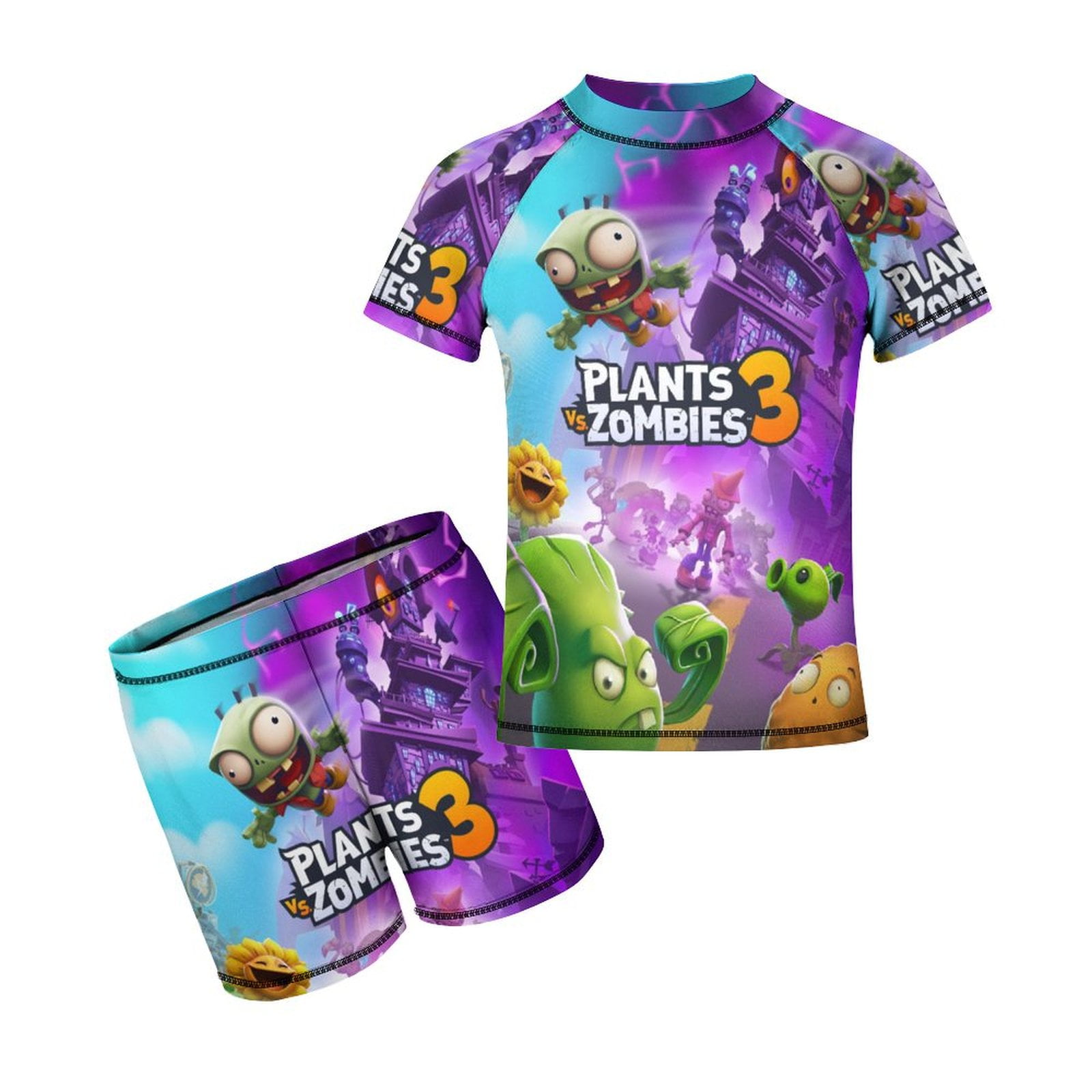 Plants Vs Zombies Boys 2-Piece Swimsuit Set, Short Sleeve Rash Guard ...