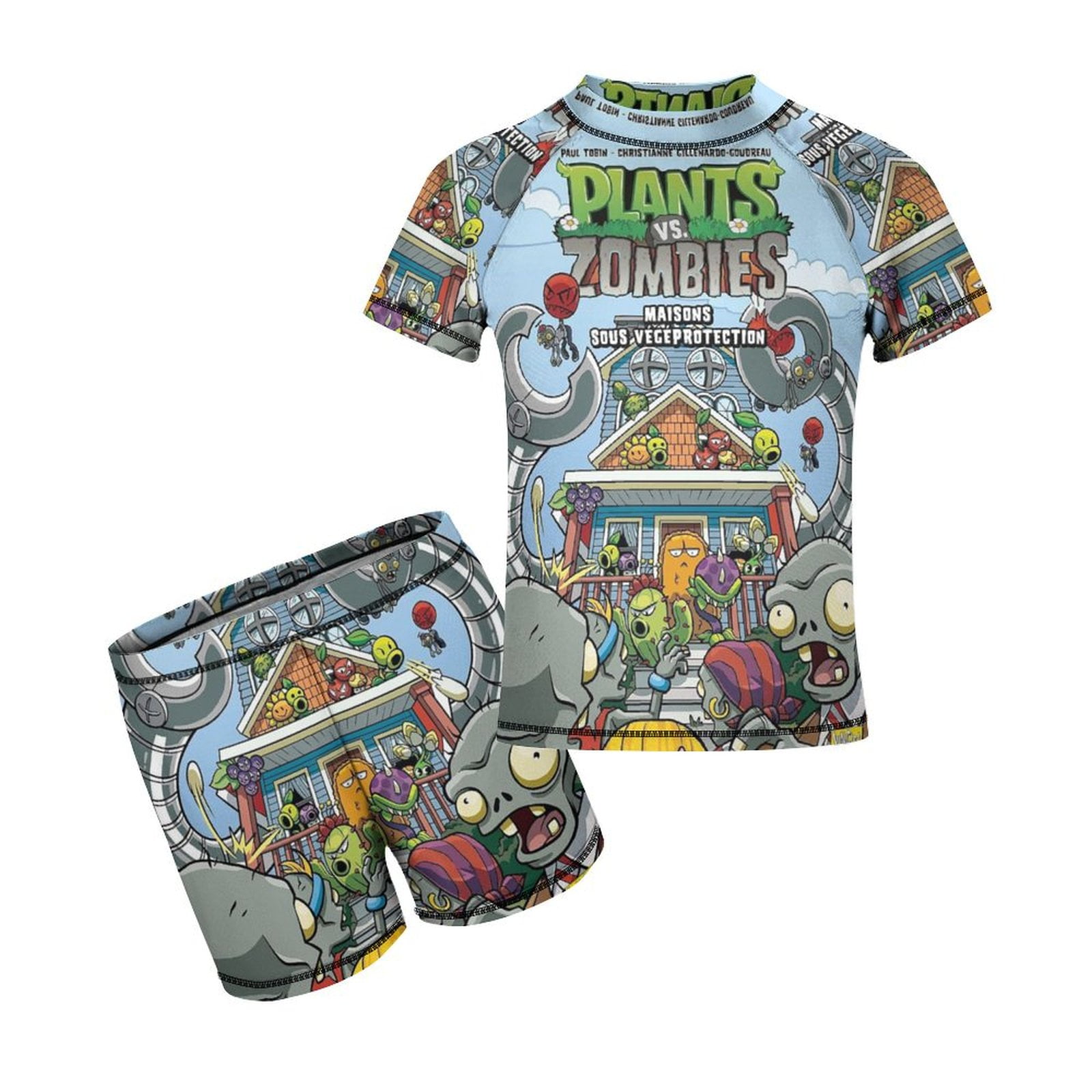 Plants Vs Zombies Boys 2-Piece Swimsuit Set, Short Sleeve Rash Guard ...