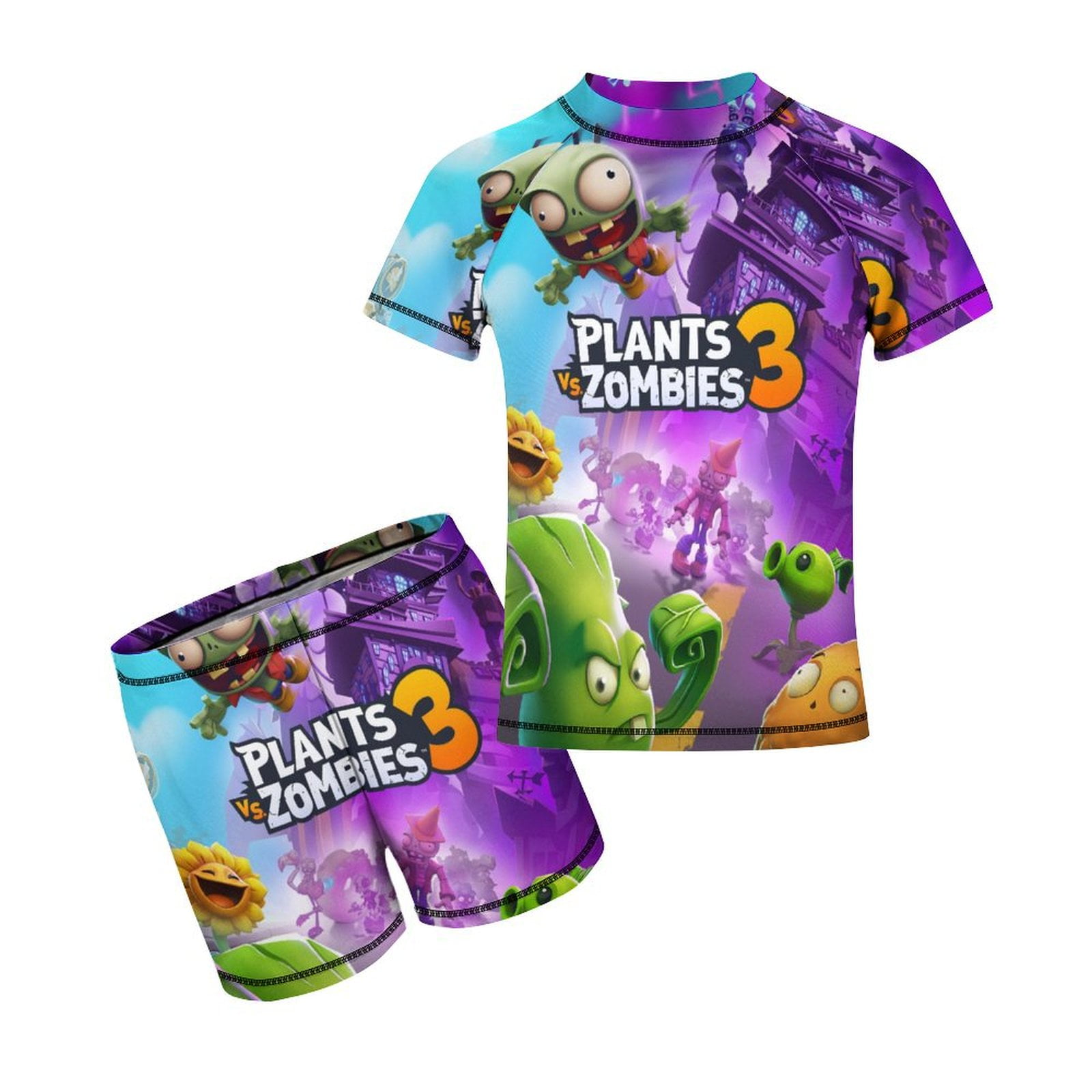 Plants Vs Zombies Boys Rash Guard Set 2 Piece Swimsuits Short Sleeve ...