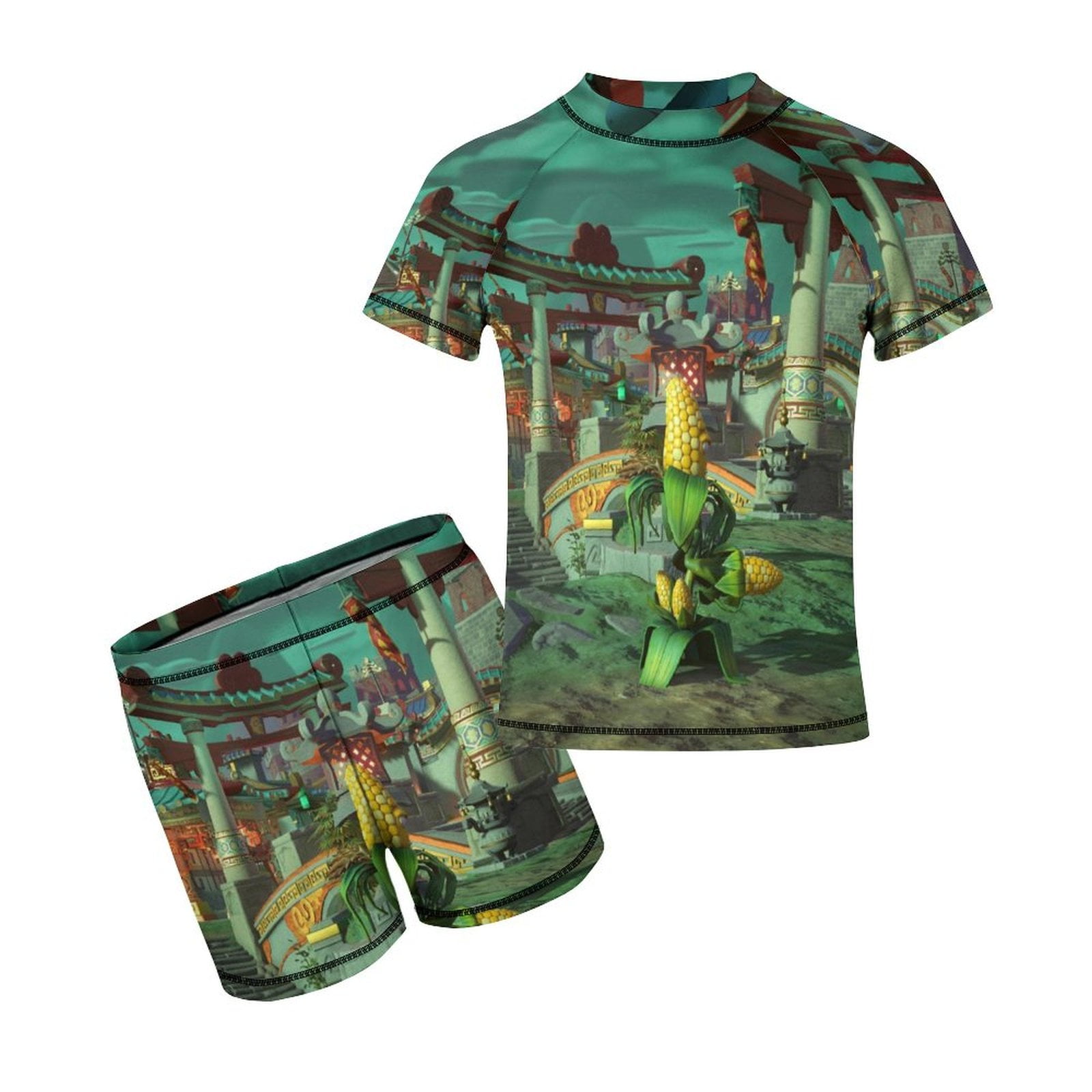 Plants Vs Zombies Boys Rash Guard Set 2 Piece Swimsuits Short Sleeve ...