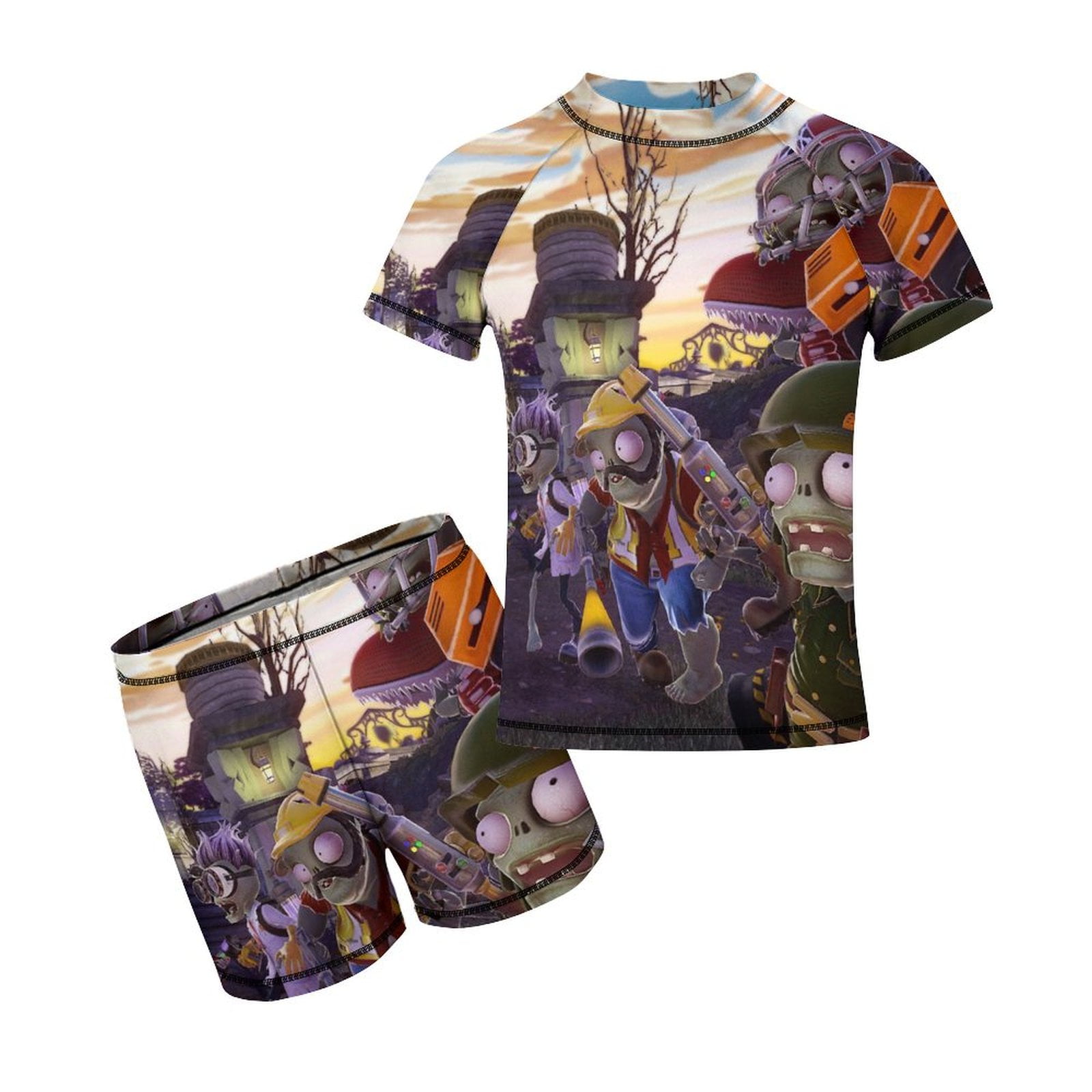 Plants Vs Zombies Boys Rash Guard Set 2 Piece Swimsuits Short Sleeve ...
